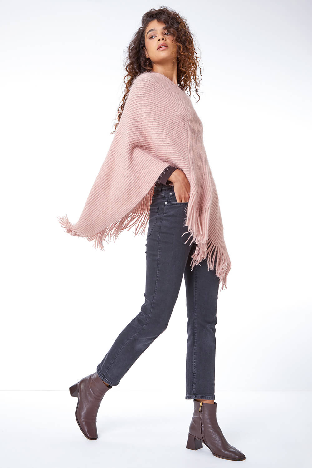 Fluffy Ribbed Poncho in Light Pink - Roman Originals UK