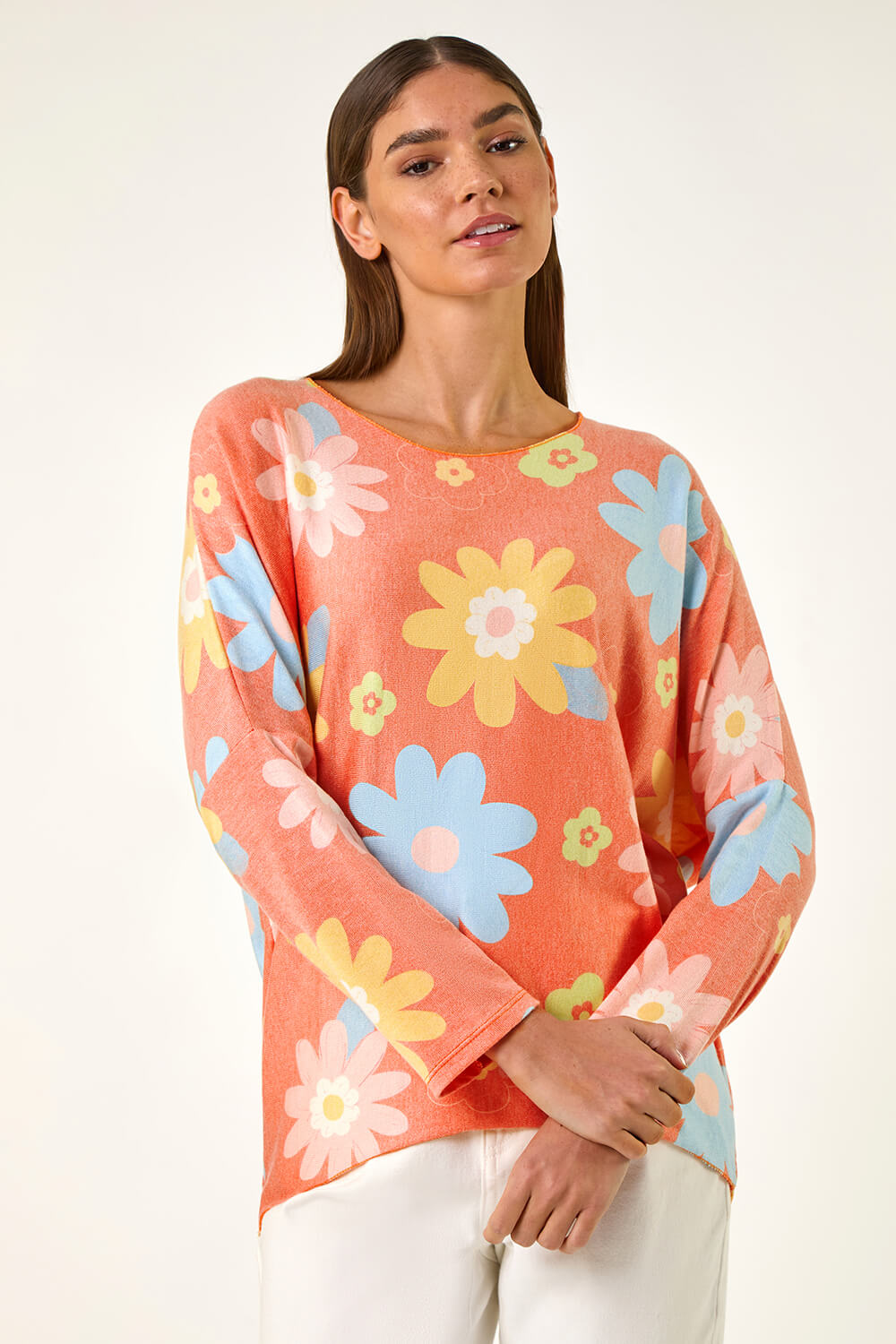 Orange All Over Floral Print Snit Top | Roman UK