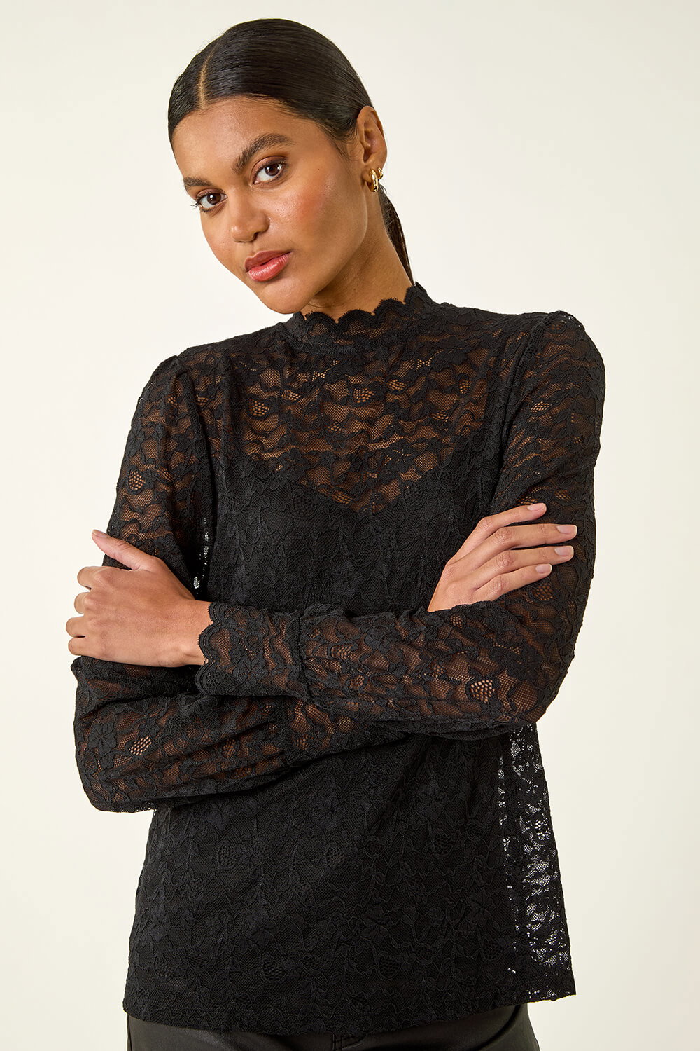 Black Lace Frill High Neck Stretch Top | Roman UK