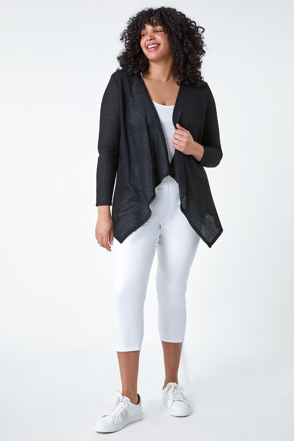 Black Curve Textured Waterfall Cardigan | Roman UK