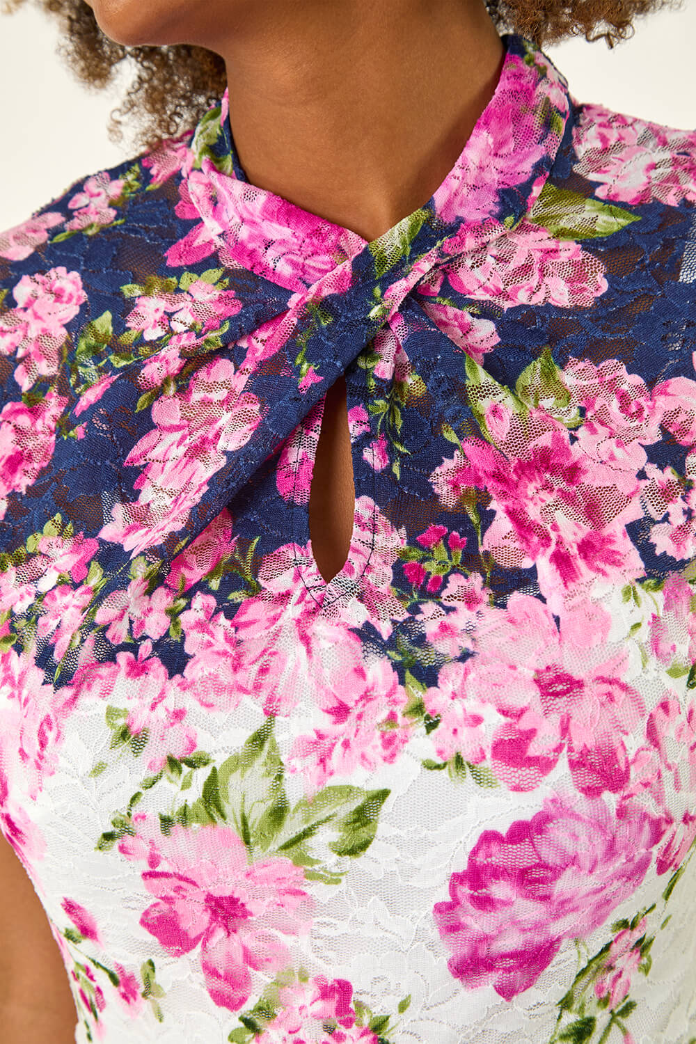 Pink Floral Lace Twist Neck Keyhole Dress | Roman UK
