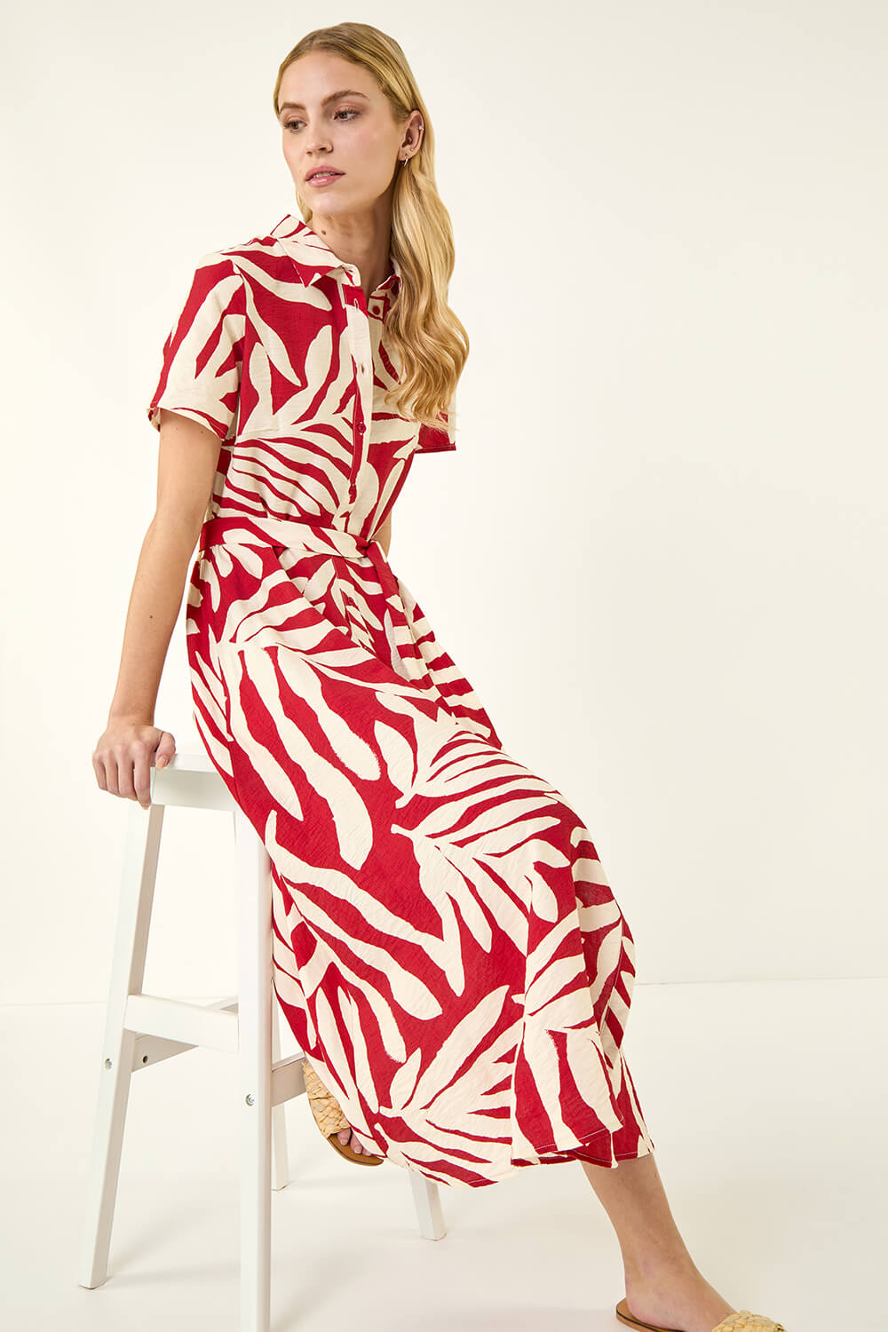 Red Leaf Print Belted Midi Shirt Dress | Roman UK