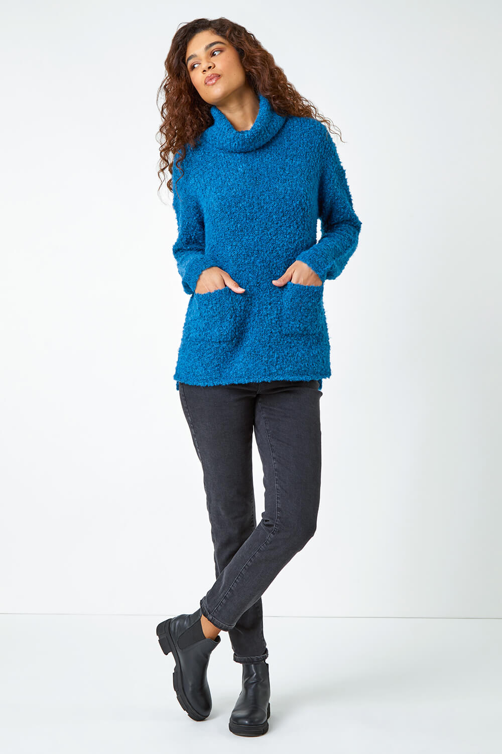 Blue Textured Roll Neck Pocket Detail Jumper | Roman UK