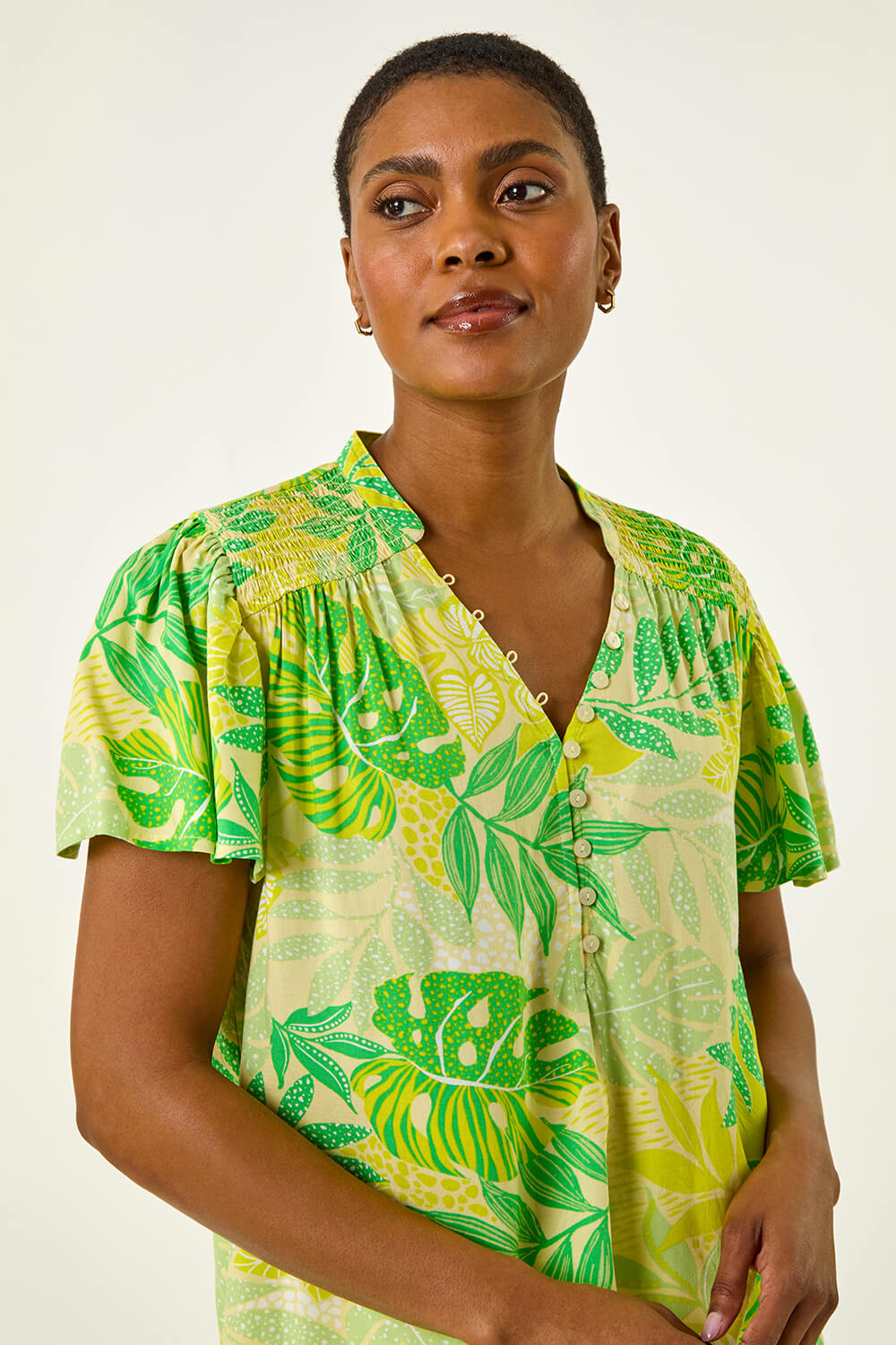 Lime Leaf Print Shirred V-Neck Top | Roman UK