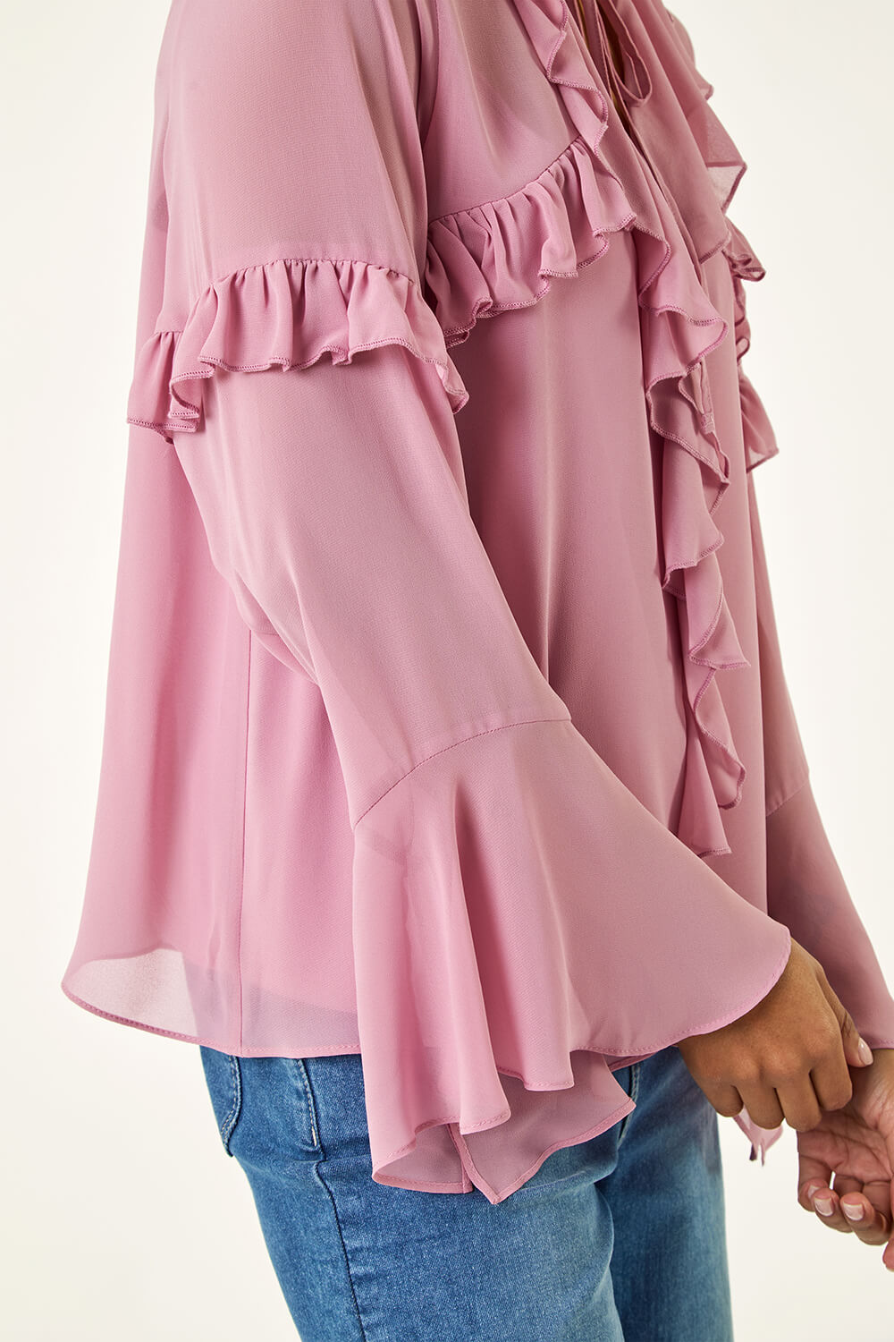 Lavender Chiffon Tie Neck Ruffle Tunic Top | Roman UK