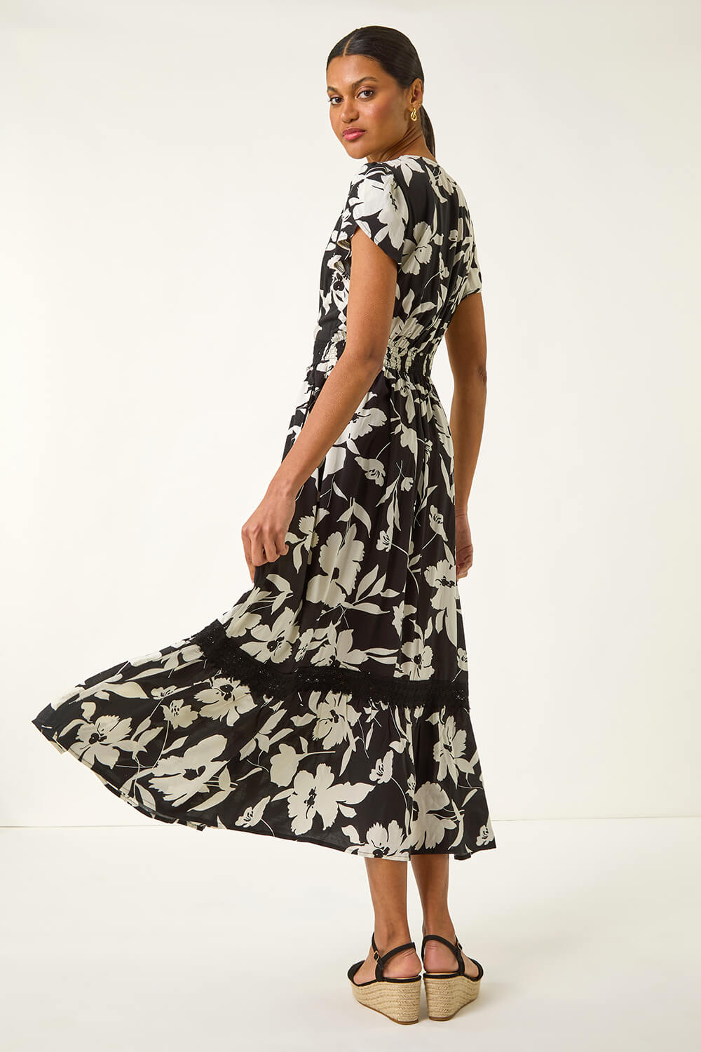 Black Floral Print Lace Trim Maxi Dress | Roman UK