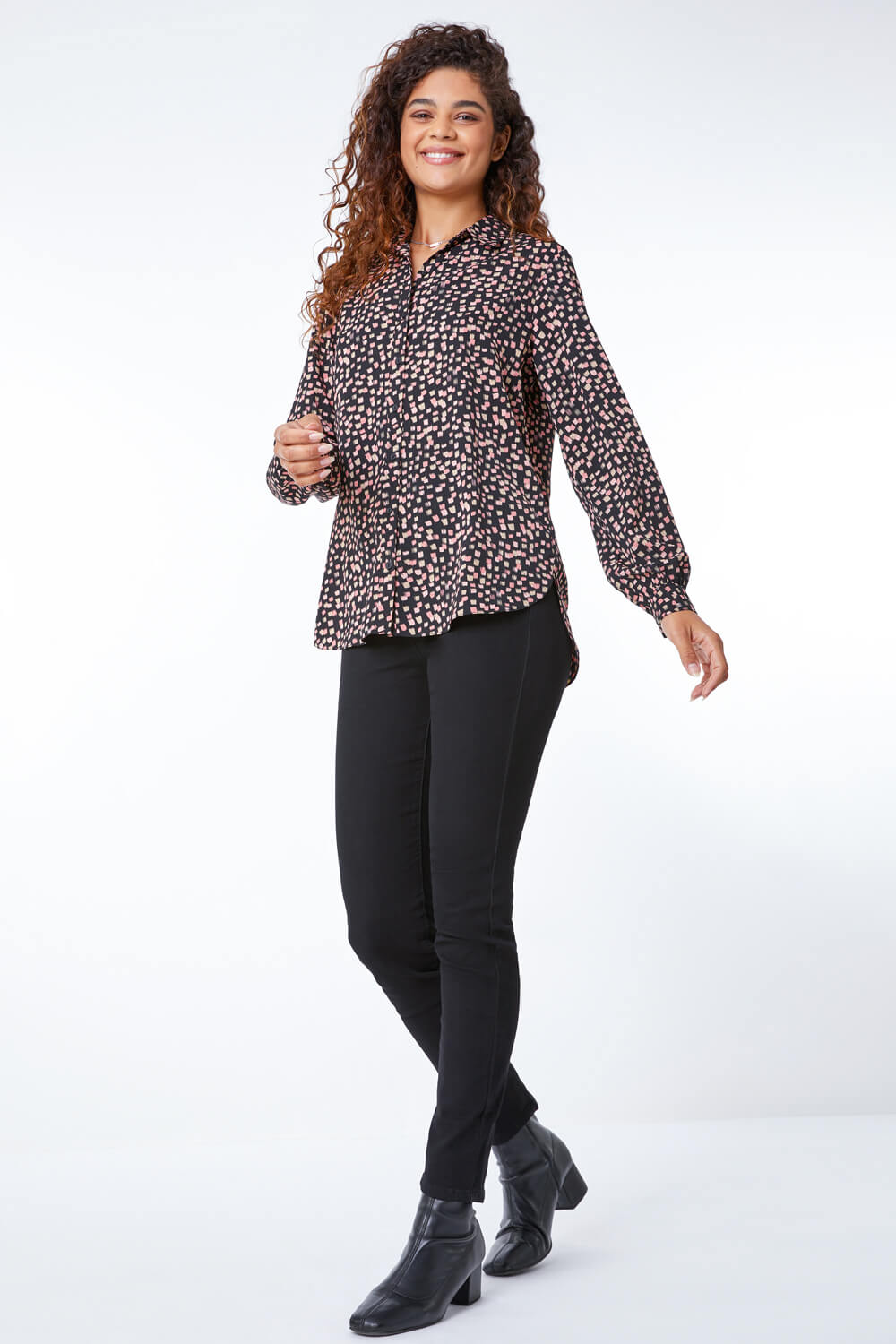 Longline Spot Print Shirt in Black - Roman Originals UK