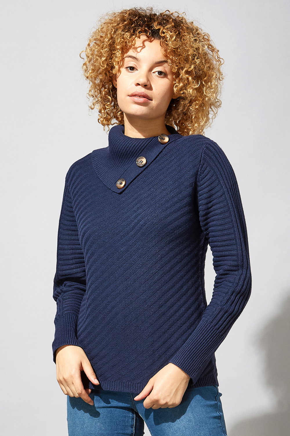 Textured Knit Button Detail Jumper in Navy - Roman Originals UK