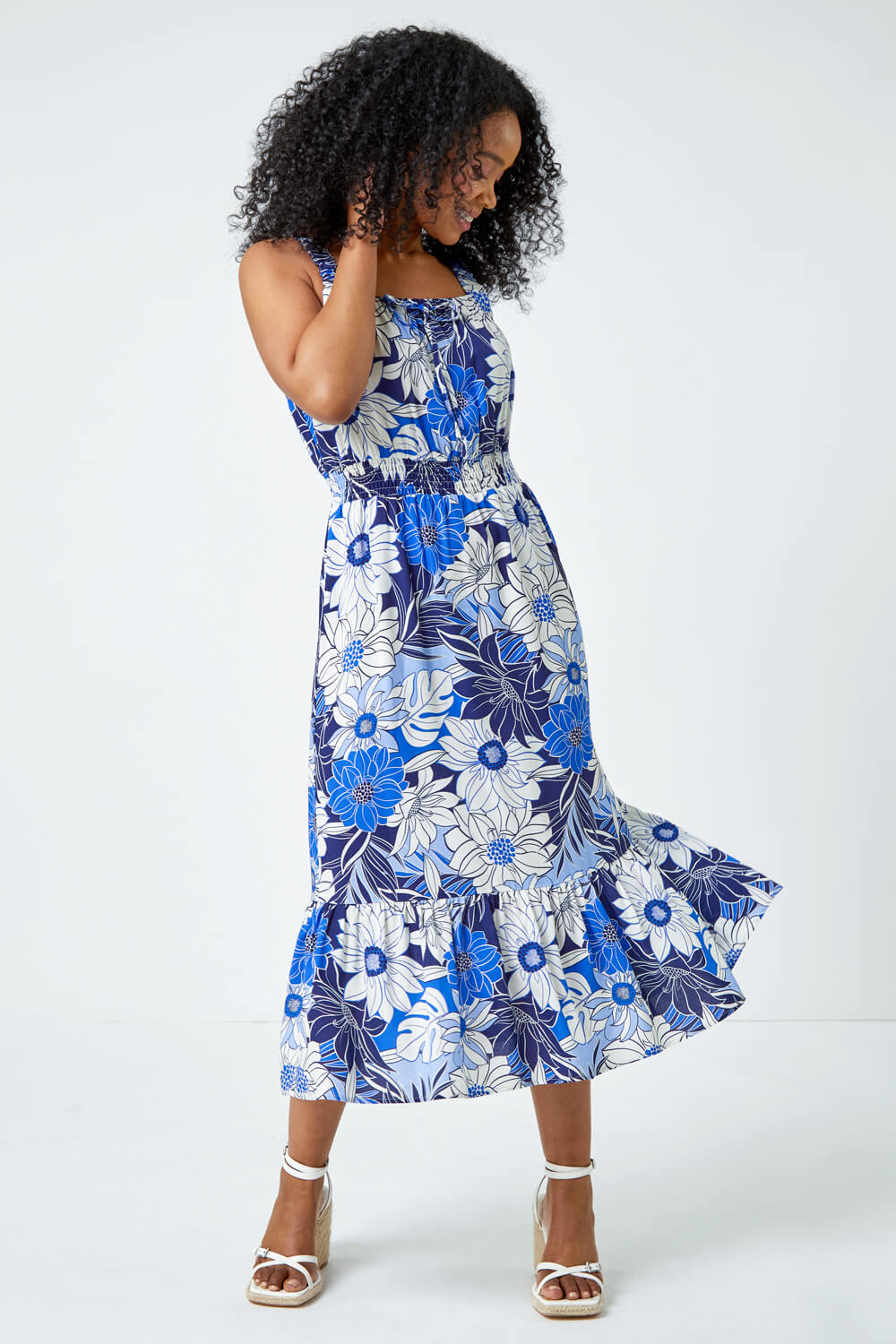 Blue Petite Floral Print Tiered Sundress | Roman UK