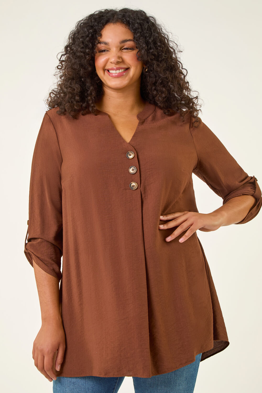 Chocolate Curve Textured Buttoned Tunic Top | Roman UK