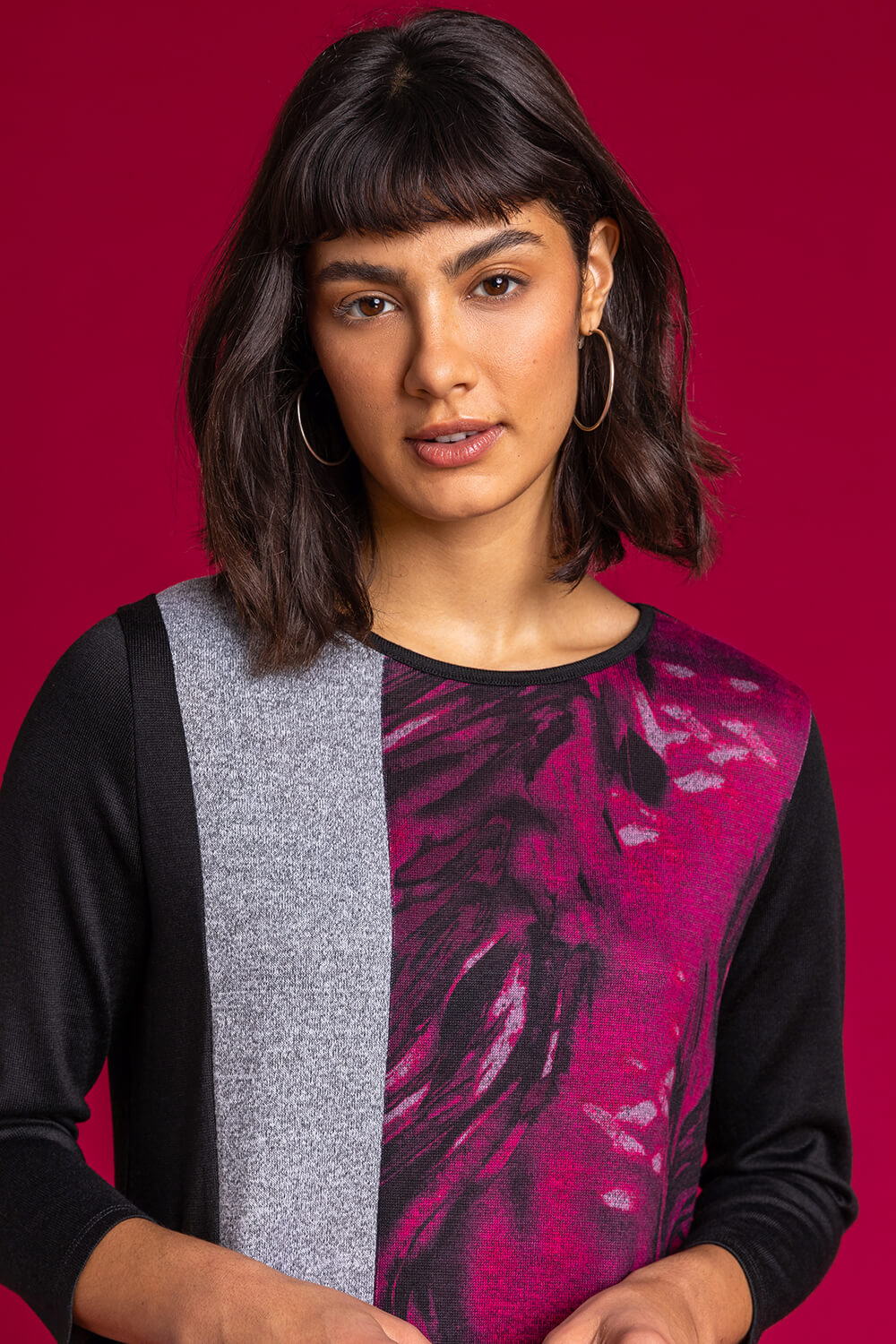 Abstract Print Colour Block Top in Cerise - Roman Originals UK