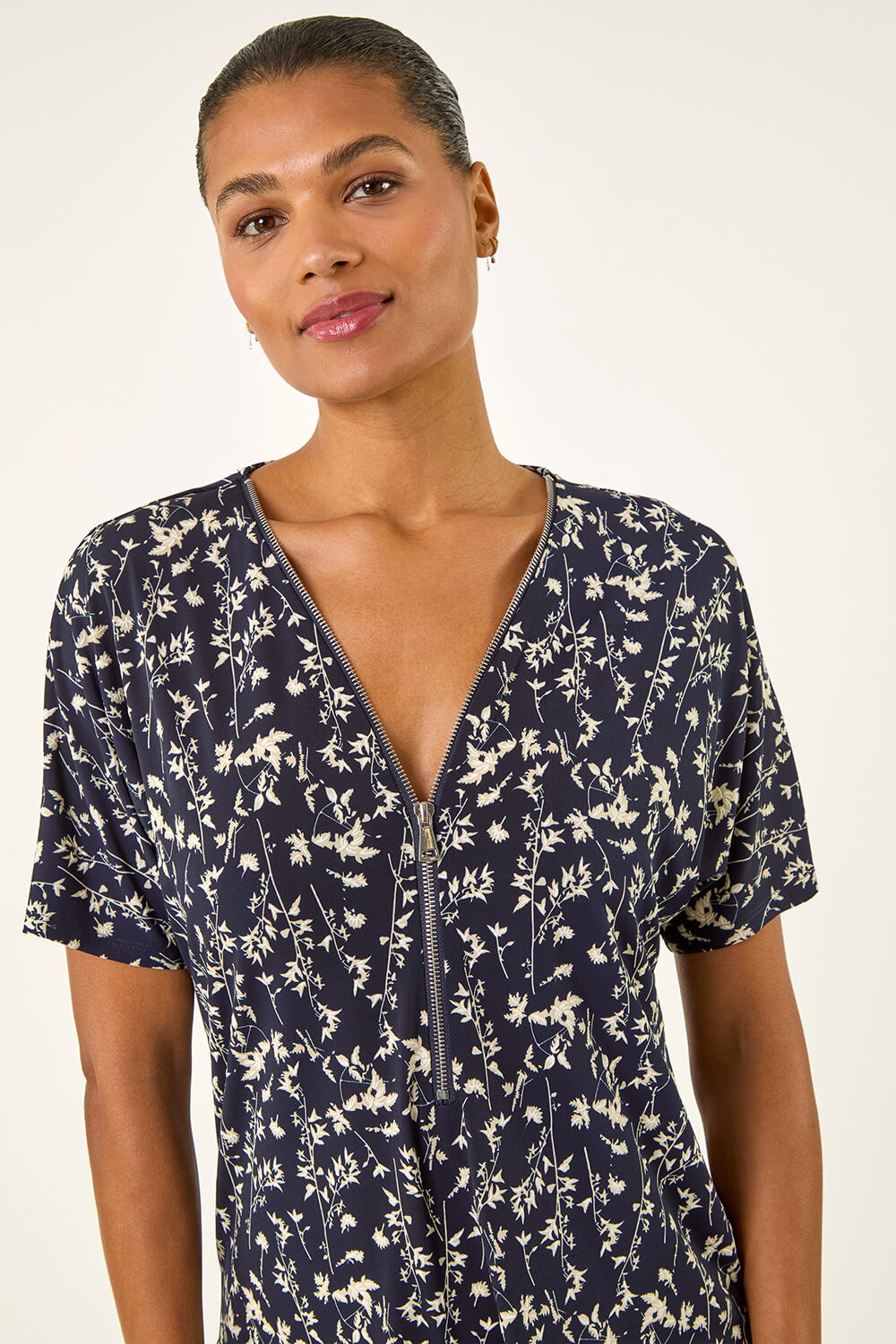 Navy Floral Puff Print Zip Front Top | Roman UK