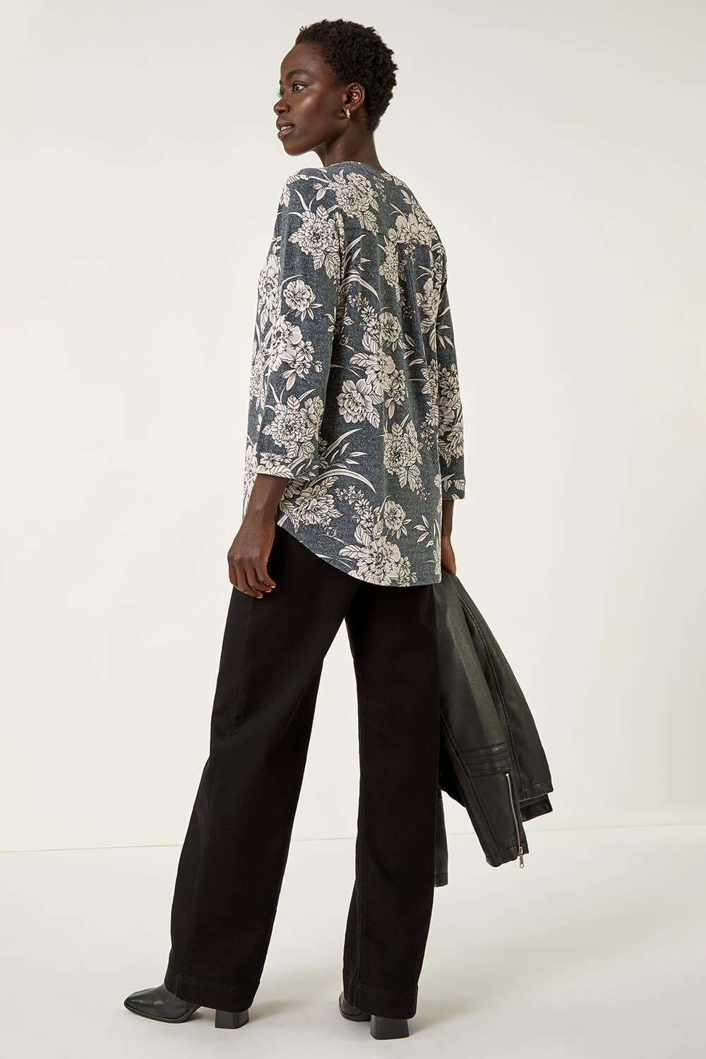 Grey Floral Puff Print Stretch Shirt | Roman UK