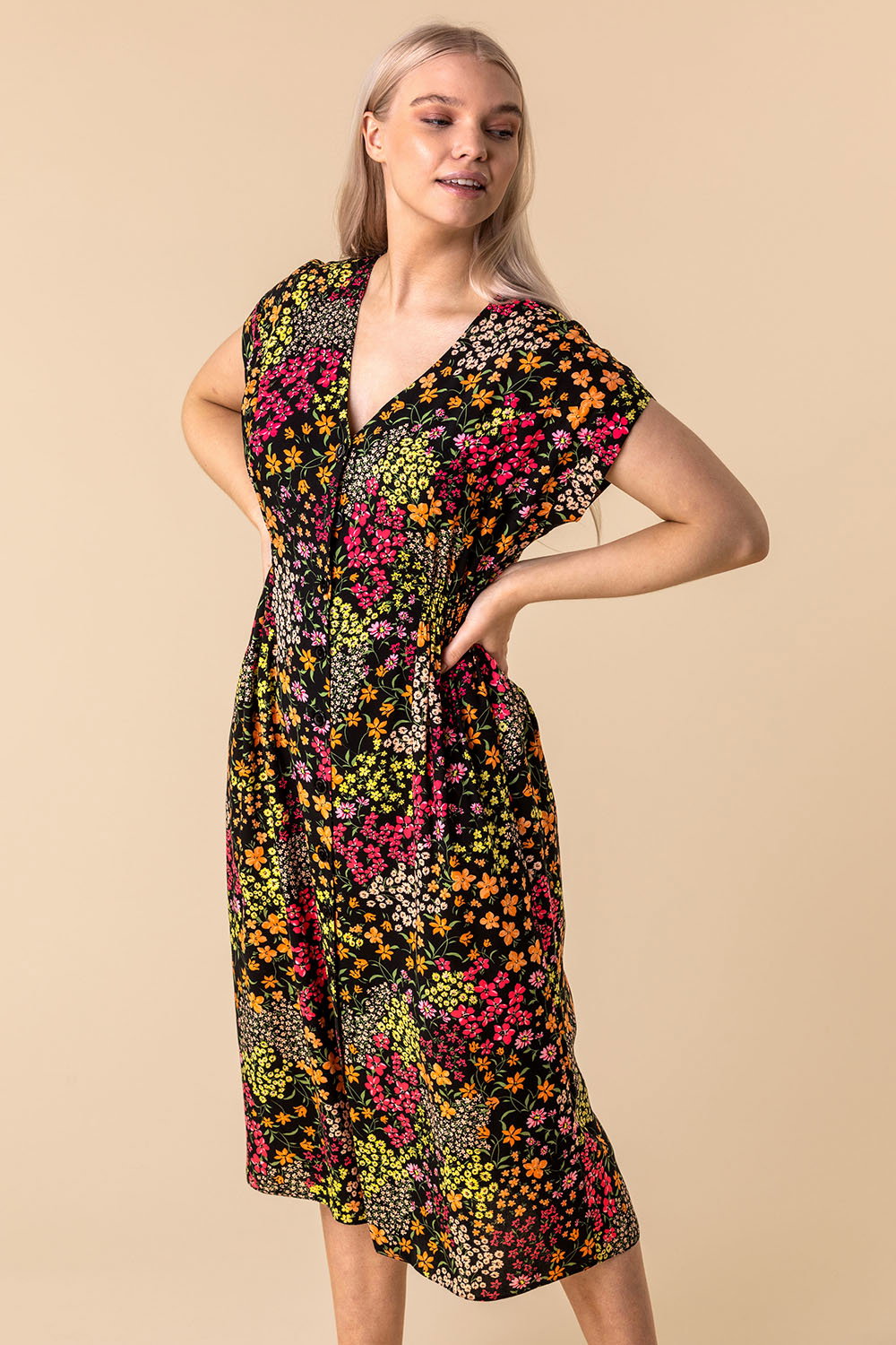 Floral Print Button Through Dress in Multi - Roman Originals UK