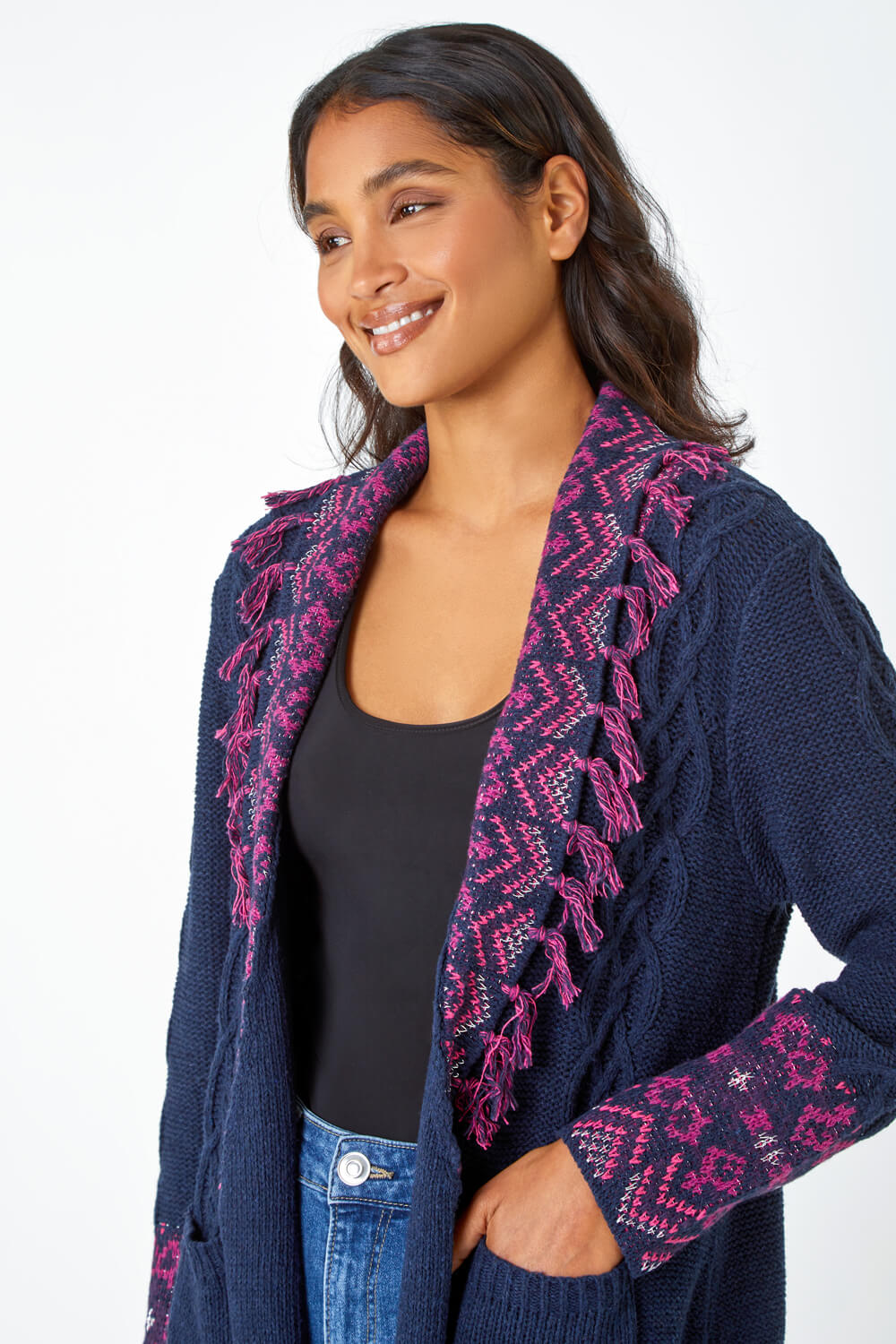 Midnight Blue Aztec Fringed Longline Cardigan | Roman UK