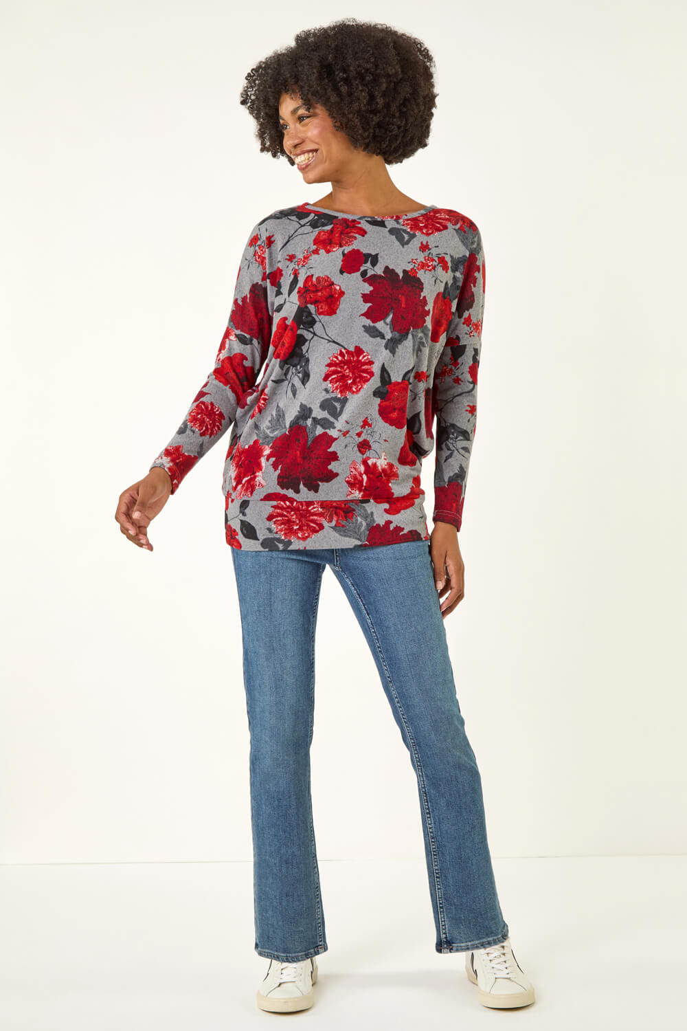 Red Floral Banded Hem Top | Roman UK
