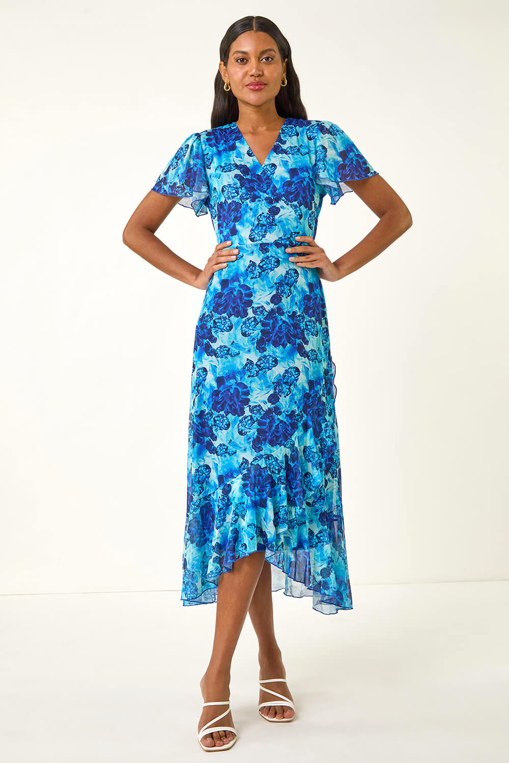 Blue Floral Frill Mesh Stretch Dress | Roman UK