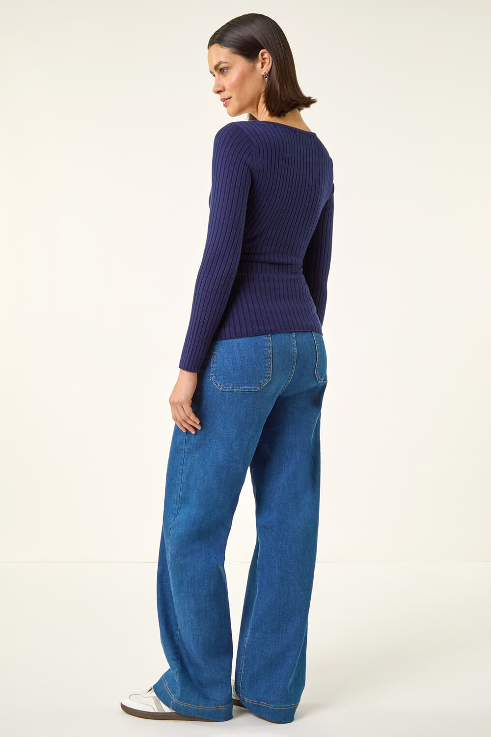 Navy Wrap Front Ribbed Knit Top | Roman UK