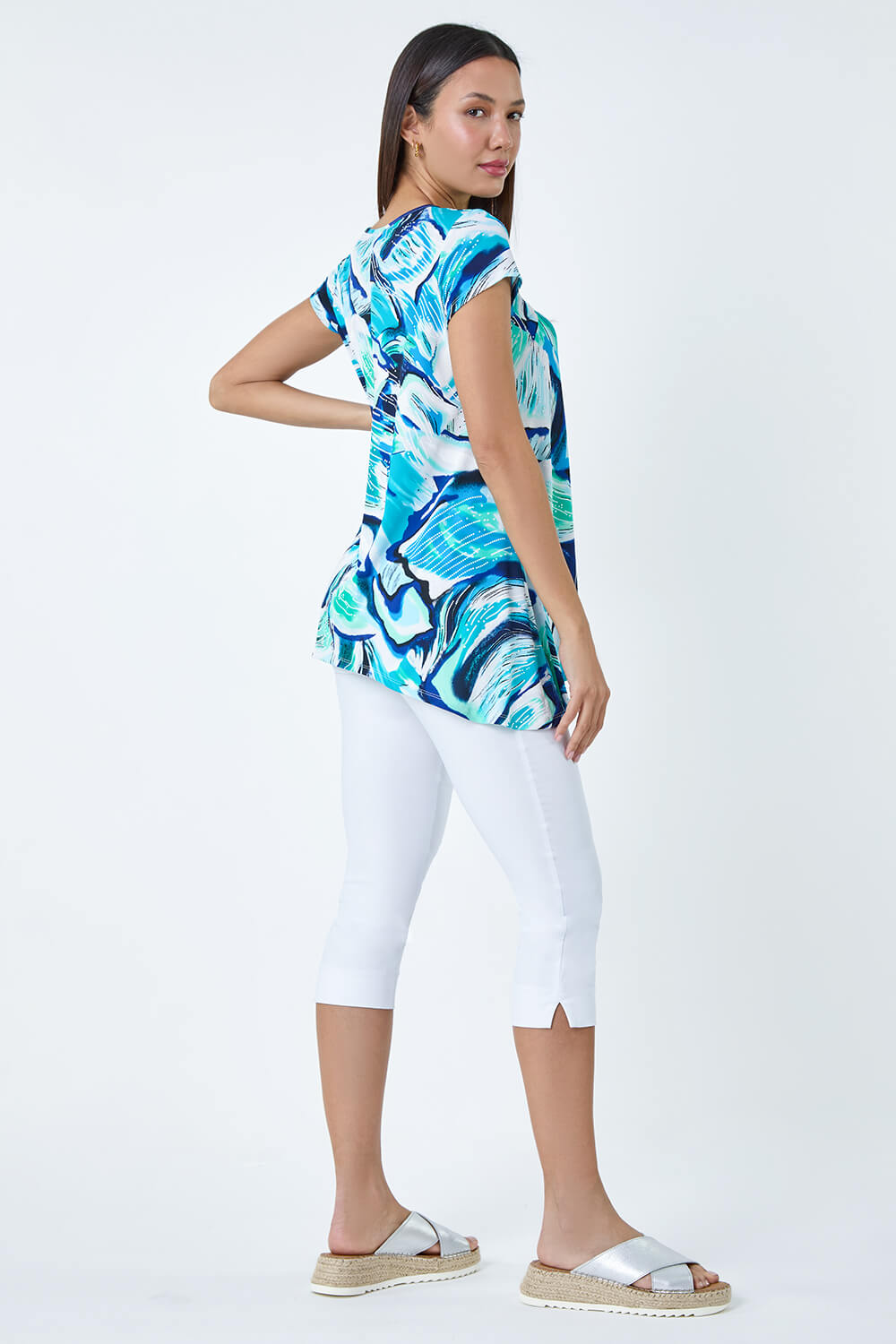 Turquoise Textured Abstract Stretch Hanky Hem Top | Roman UK