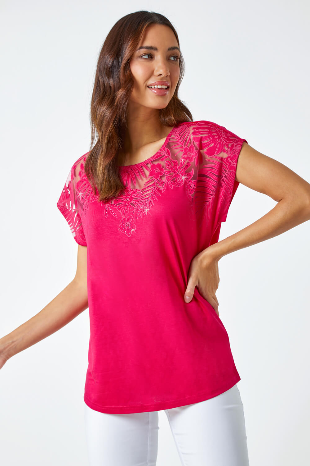 Cerise Sparkle Palm Print Cut Out T-Shirt | Roman UK