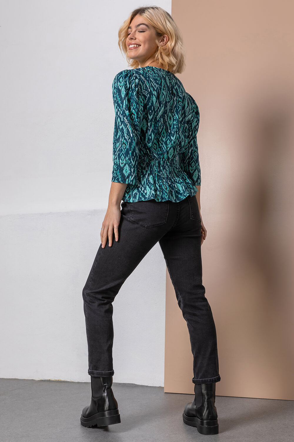 Turquoise Aztec Print Shirred Waist Top | Roman UK