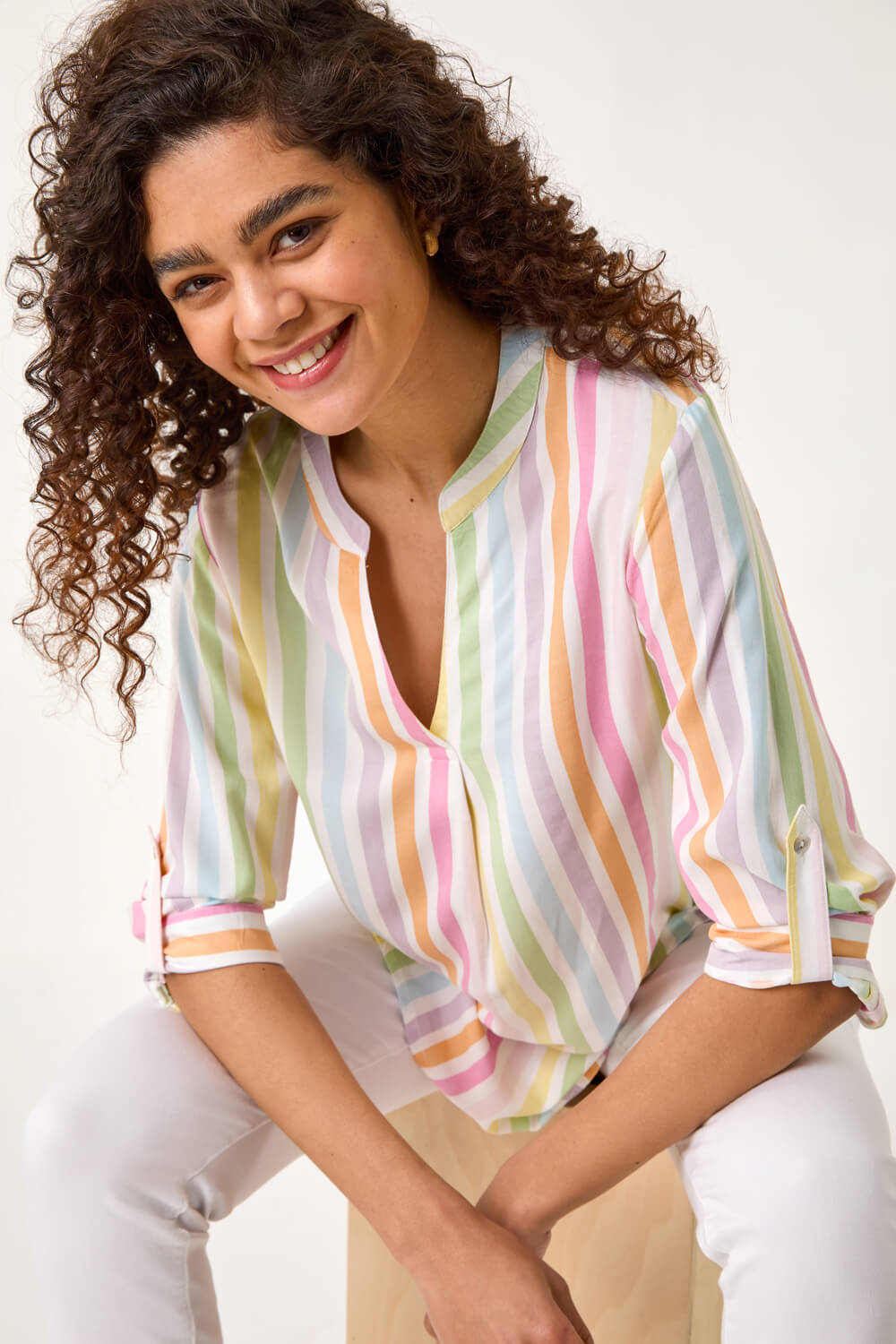 Pink Stripe Print Pleat Detail Tunic Top | Roman UK