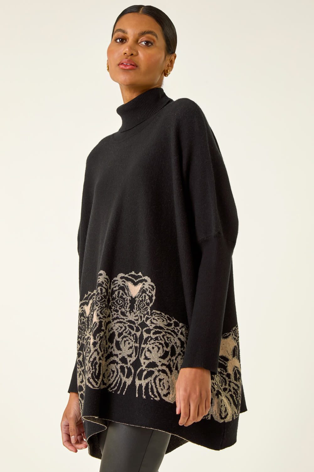 Black Mono Print High Neck Knit Jumper | Roman UK