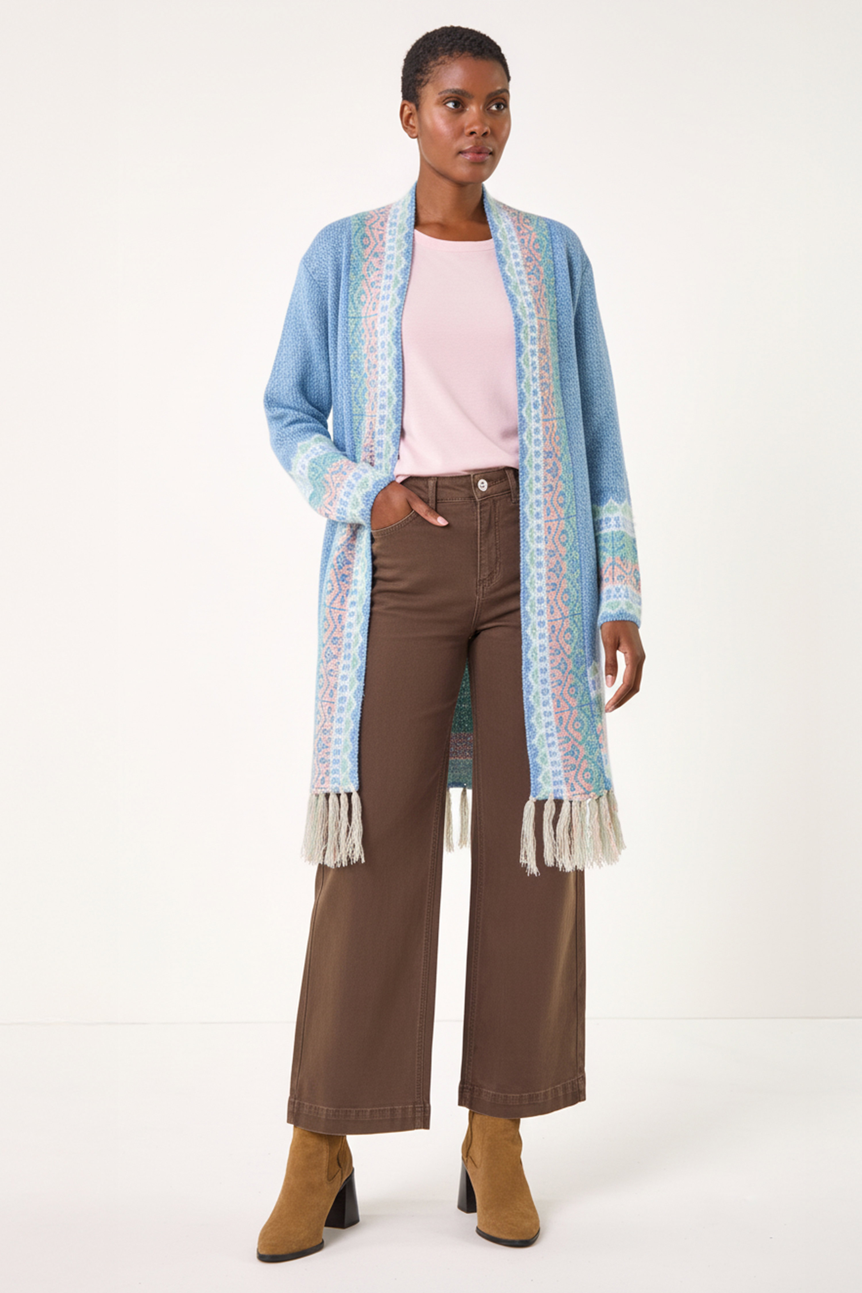 Light Blue Patterened Fringe Cardigan | Roman UK