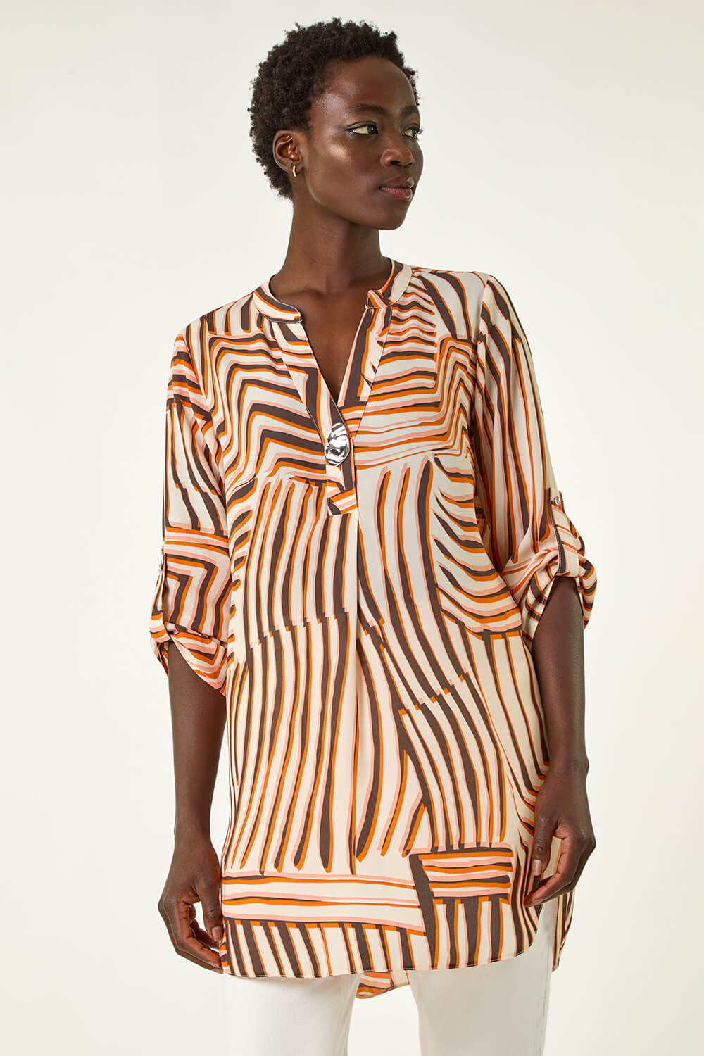 Orange Abstract Linear Print V-Neck Button Top | Roman UK