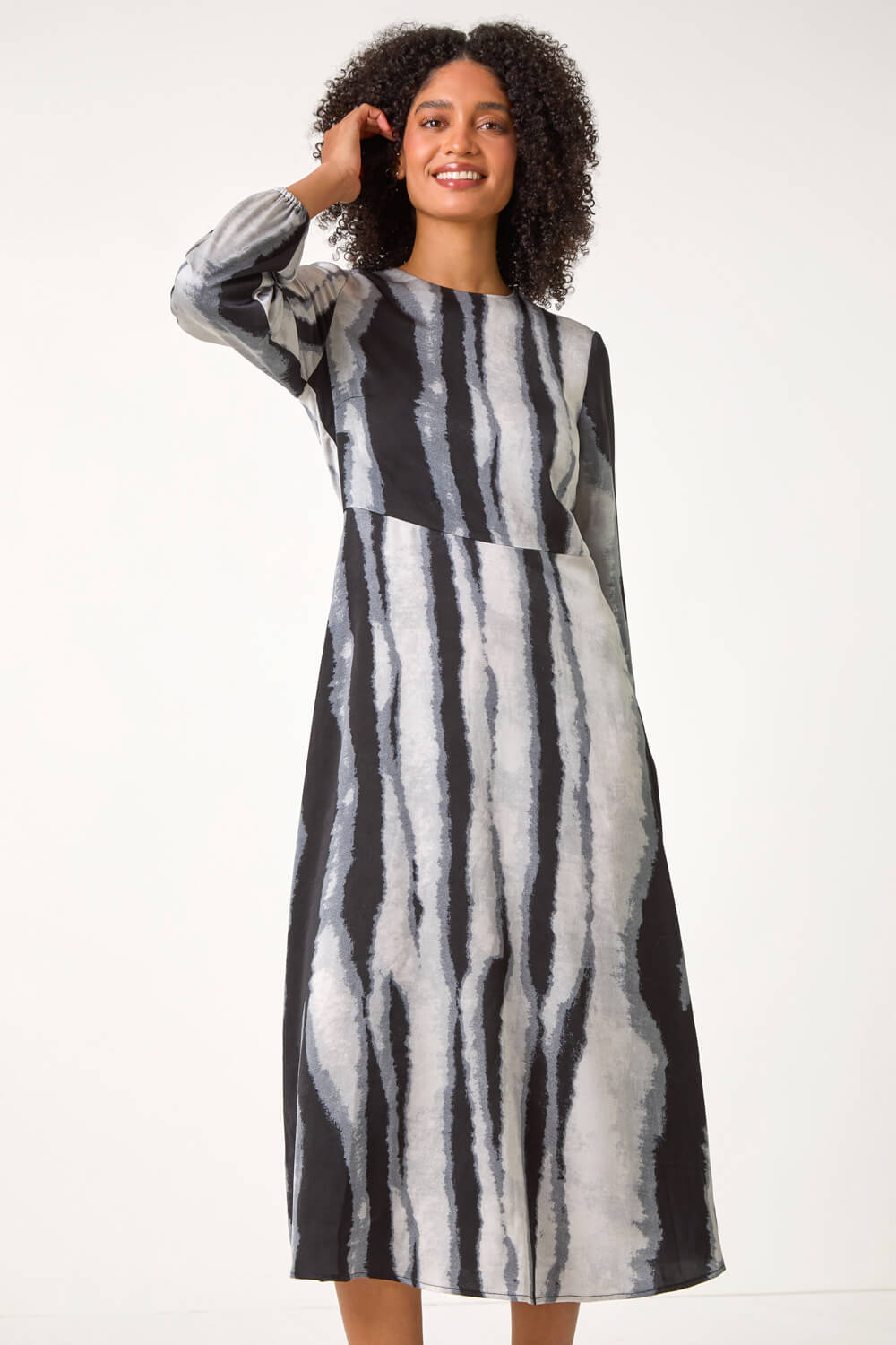 Grey Shadow Stripe Print Midi Dress | Roman UK