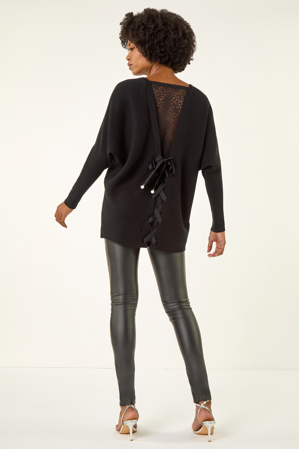 Black V-Neck Lace Back Knit Jumper | Roman UK