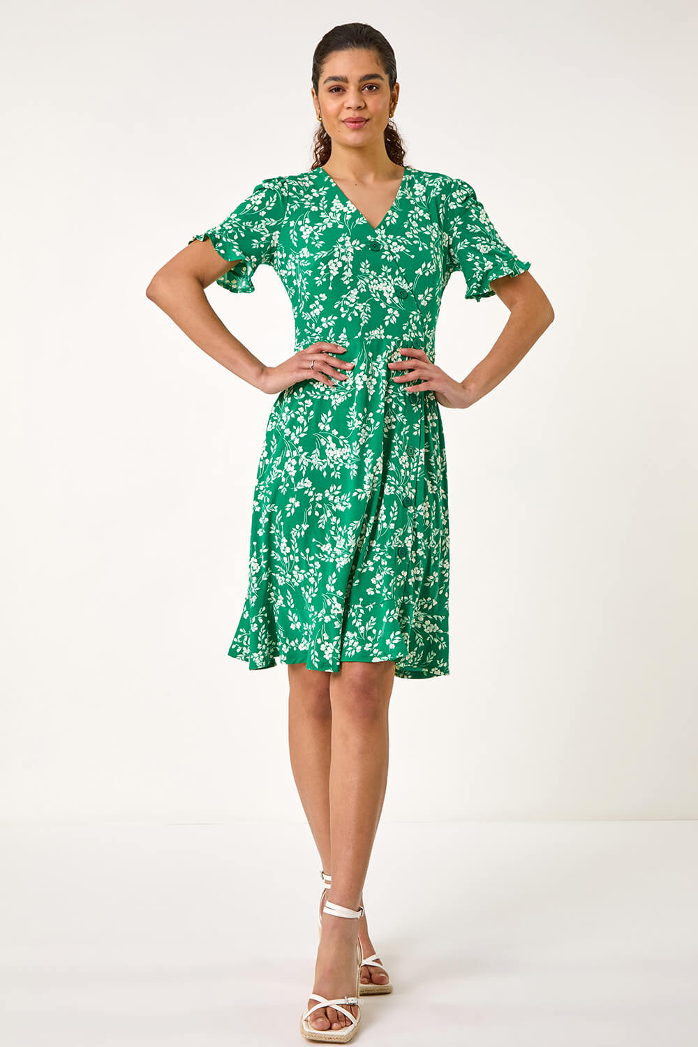 Green Ditsy Floral Side Button Stretch Dress | Roman UK