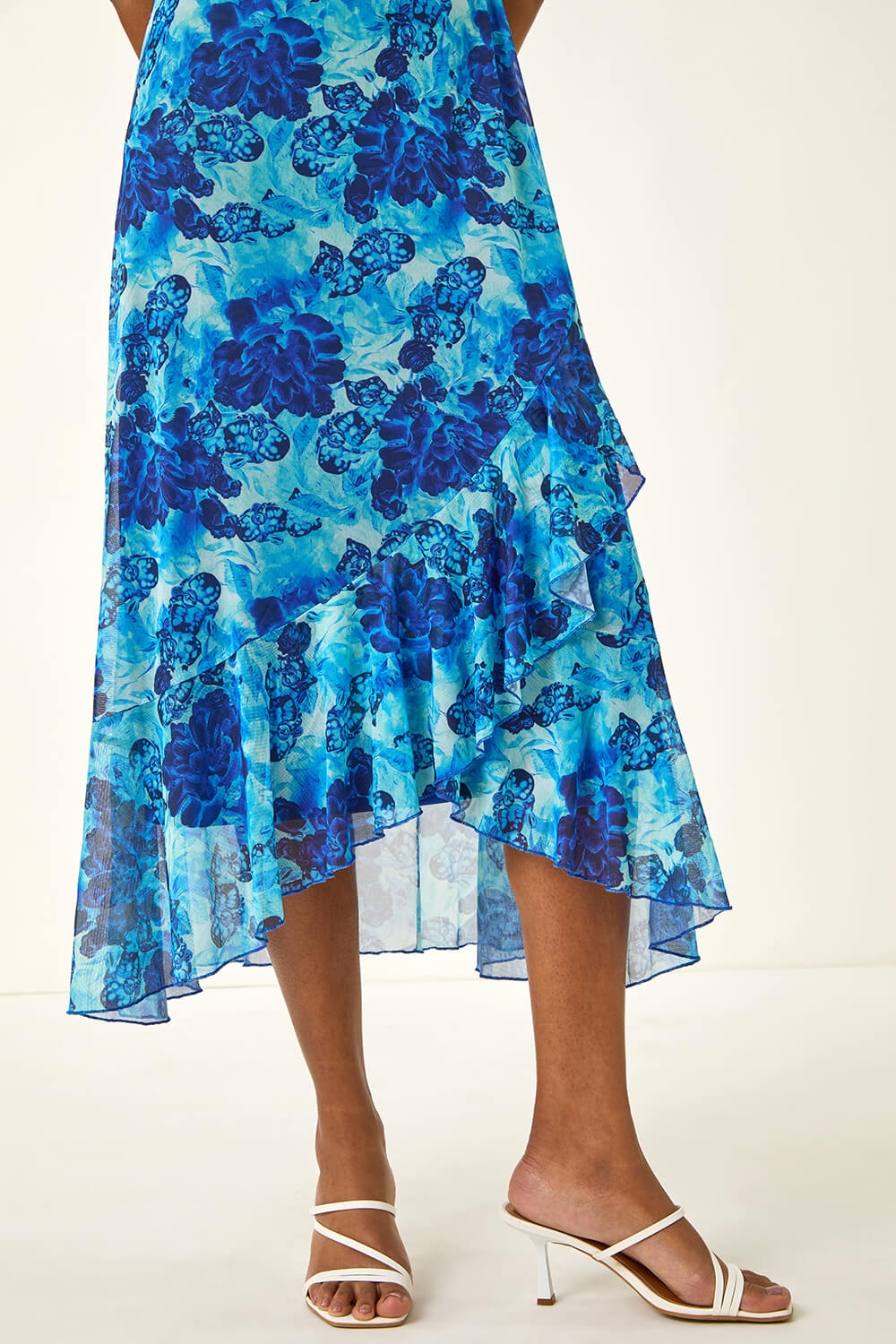 Blue Floral Frill Mesh Stretch Dress | Roman UK