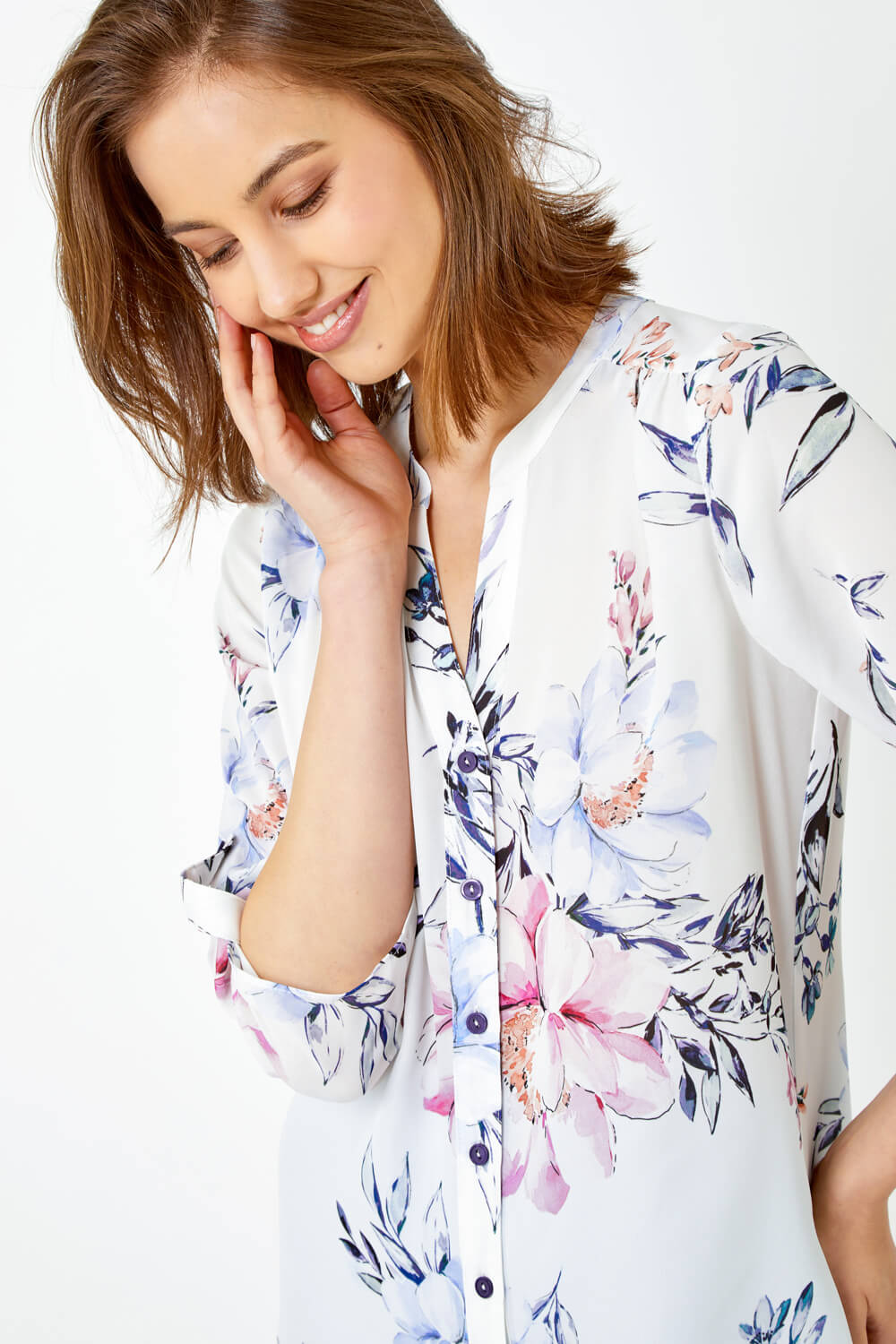 Ivory Floral Print Longline Blouse | Roman UK