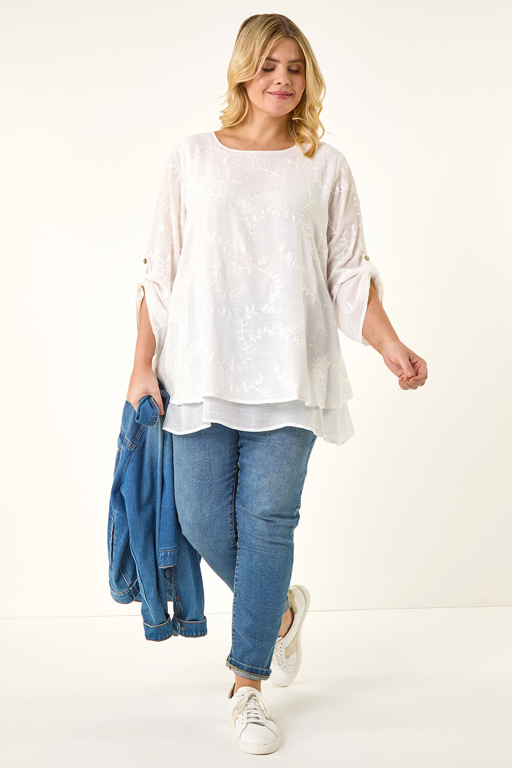 Ivory Curve Embroidered Asymmetric Layer Top | Roman UK