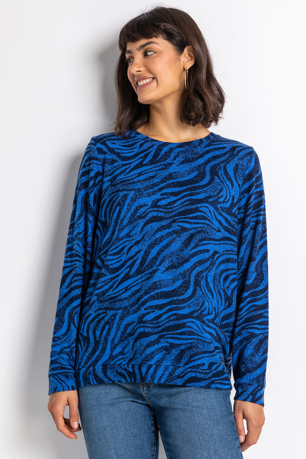Animal Jacquard Puff Sleeve Sweatshirt in Royal Blue - Roman Originals UK