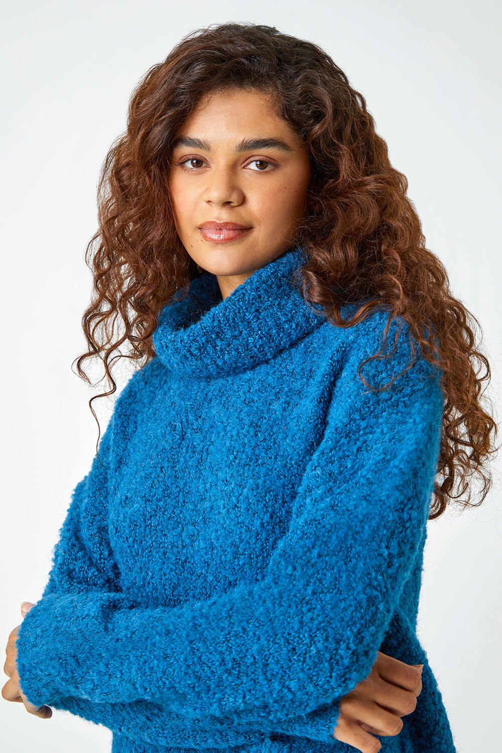 Blue Textured Roll Neck Pocket Detail Jumper | Roman UK