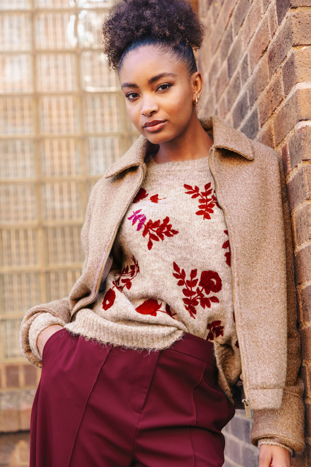 Taupe Floral Crew Neck Knit Jumper | Roman UK