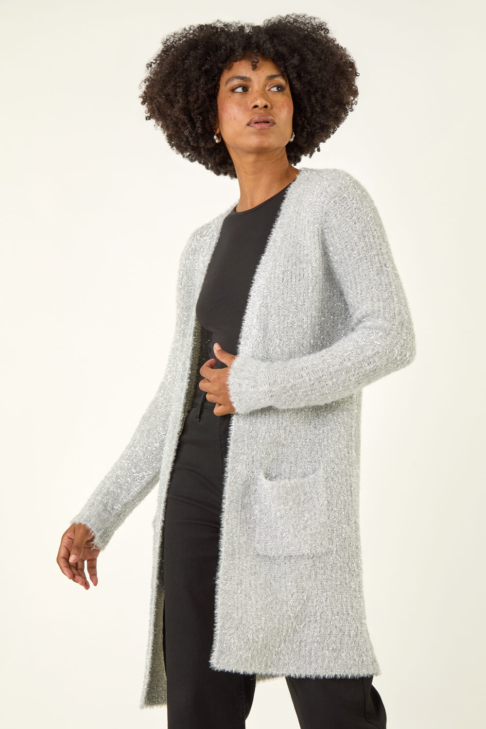 Silver Metallic Longline Knit Cardigan | Roman UK