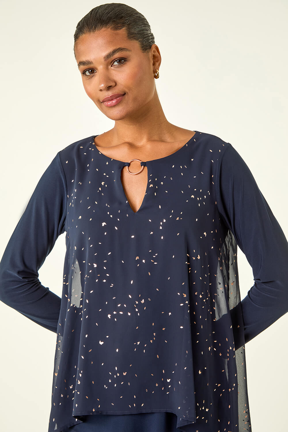 Navy Ring Front Foil Tunic Top | Roman UK