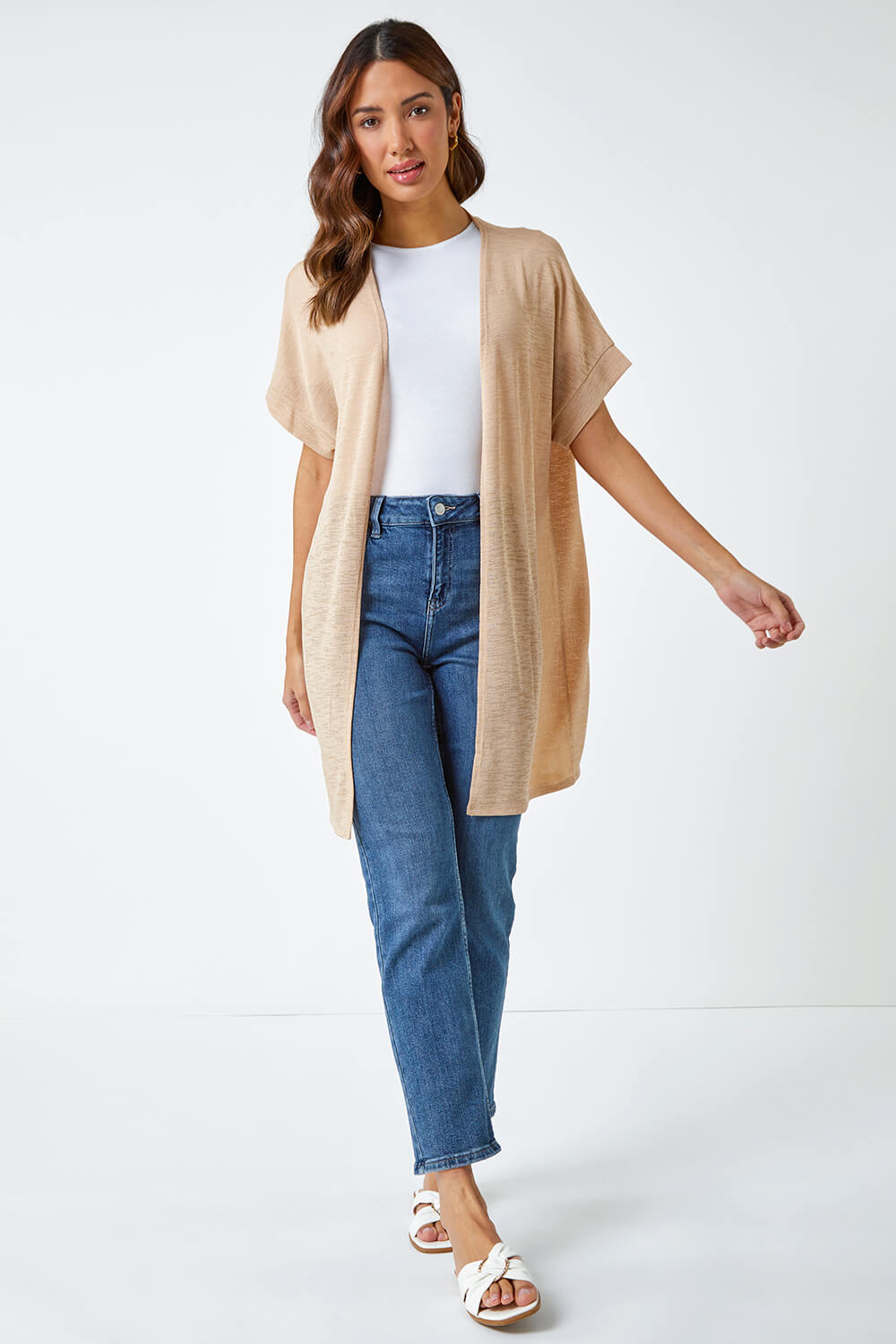 Stone Short Sleeve Longline Cardigan | Roman UK