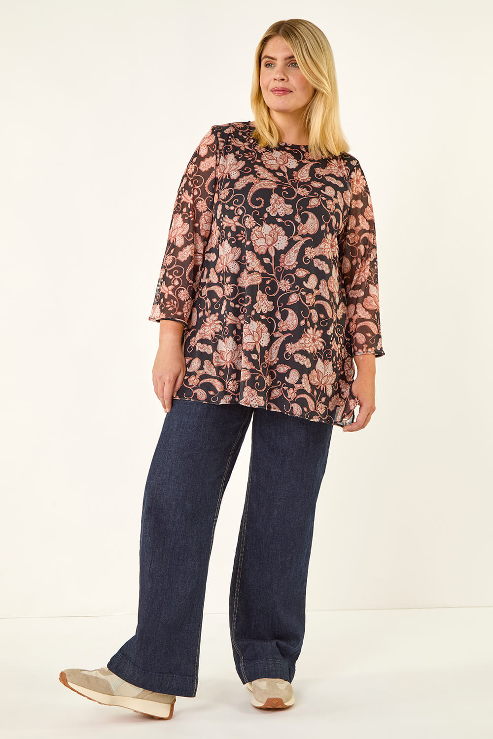 Beige Curve Print Mesh Tunic Top | Roman UK