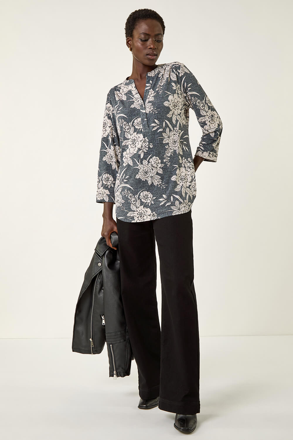 Grey Floral Puff Print Stretch Shirt | Roman UK