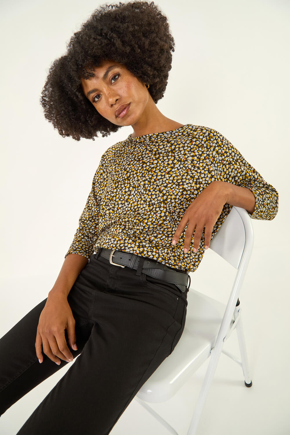 Ochre Spot Print Snit Jersey Top | Roman UK