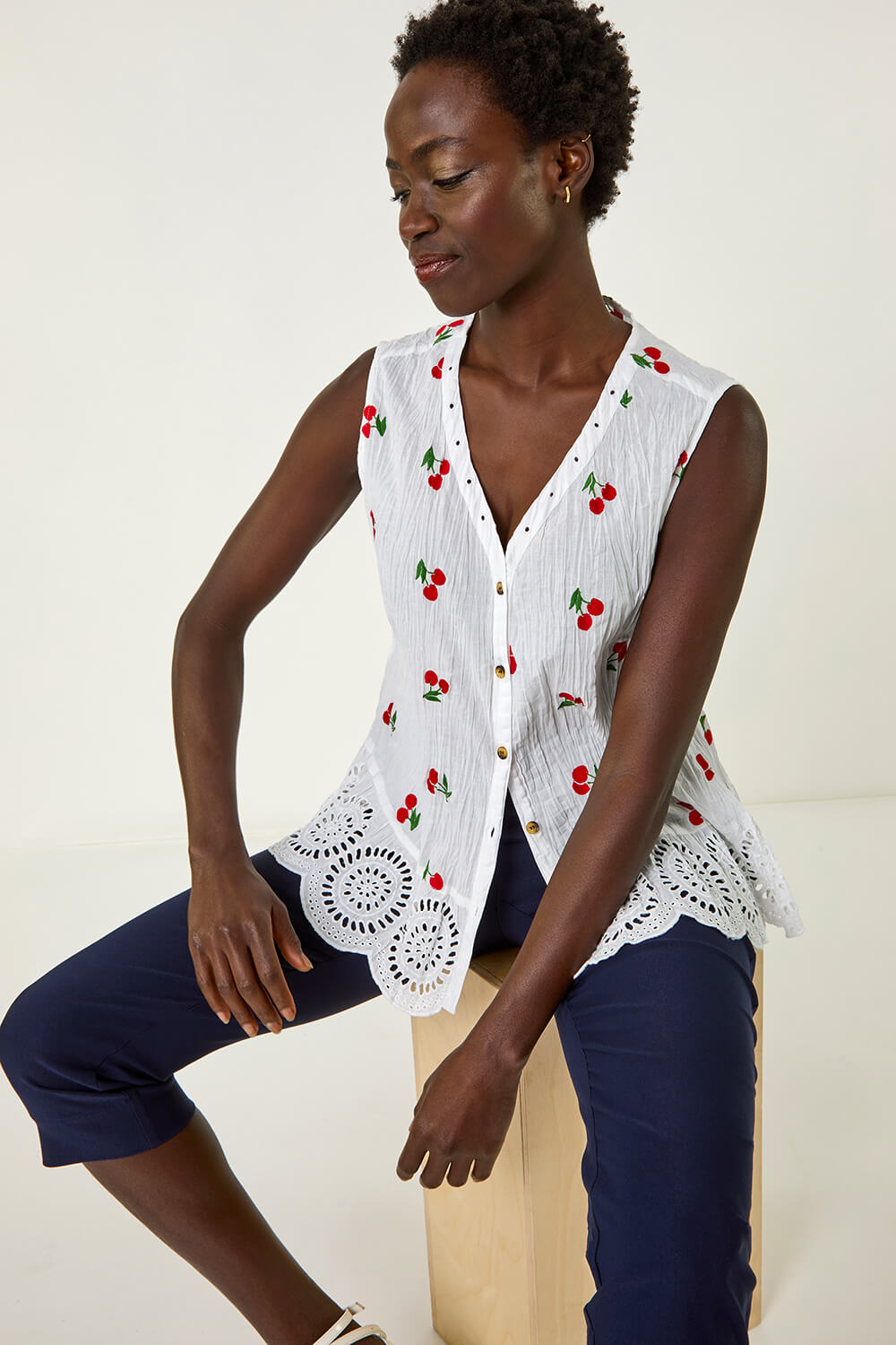 Red Cherry Print Crinkle Button Blouse | Roman UK