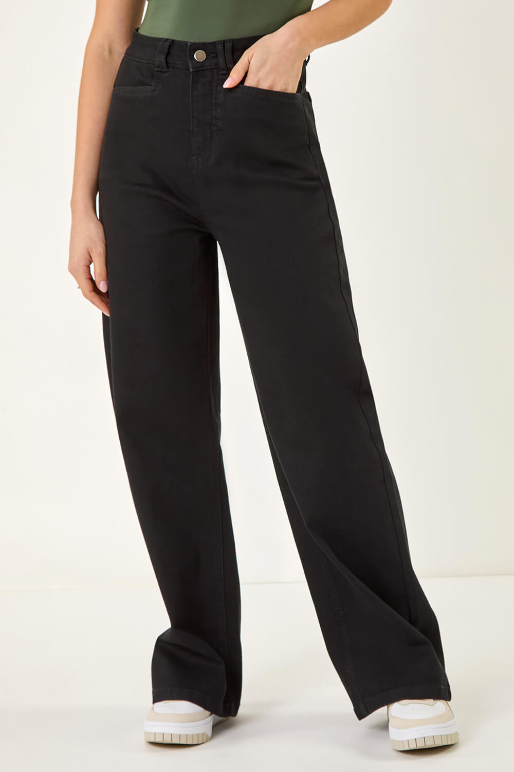 Black Dusk Denim Stretch Wide Leg Jeans | Roman UK