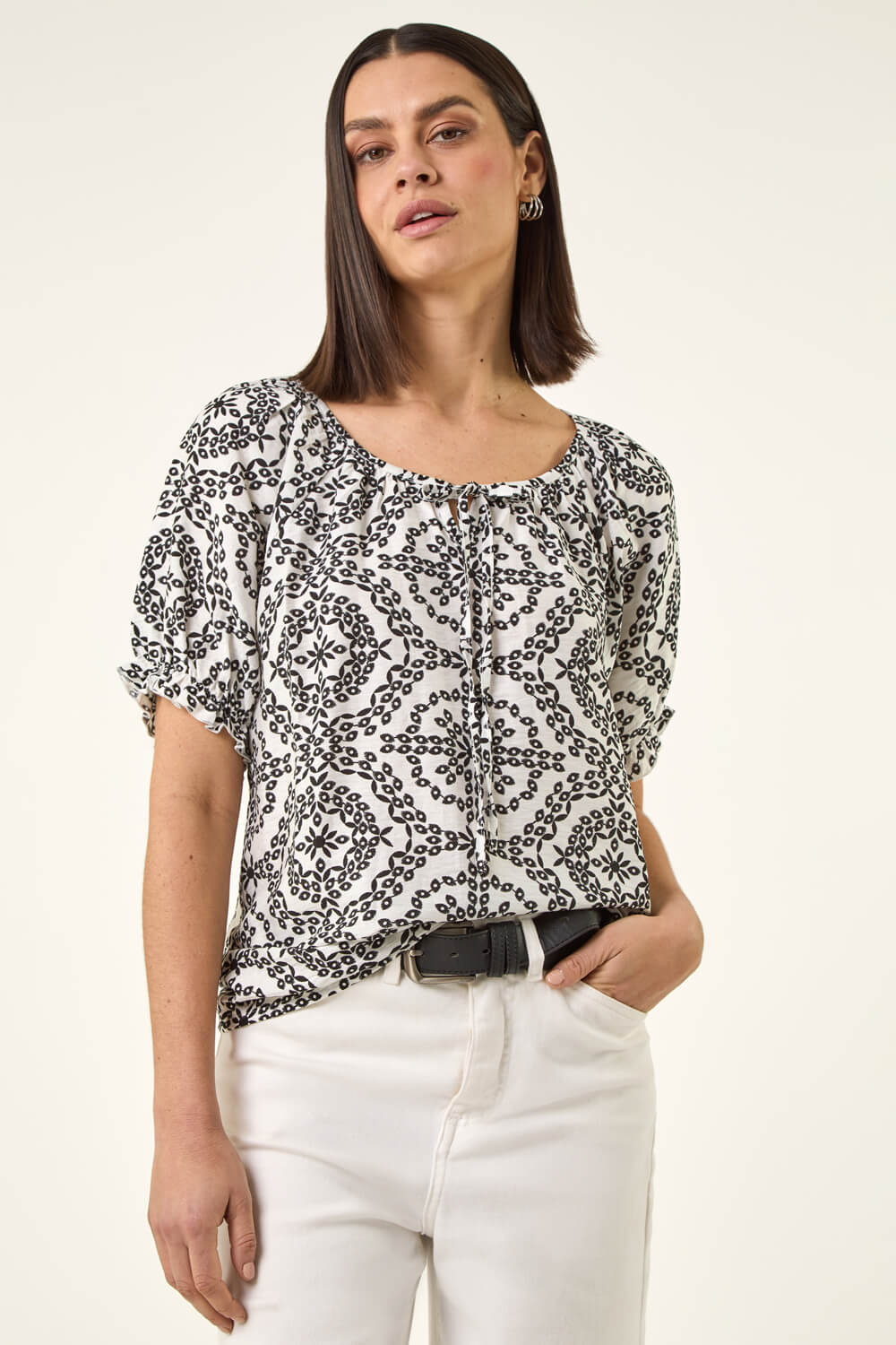 Black Mono Printed Tie Neck Top | Roman UK