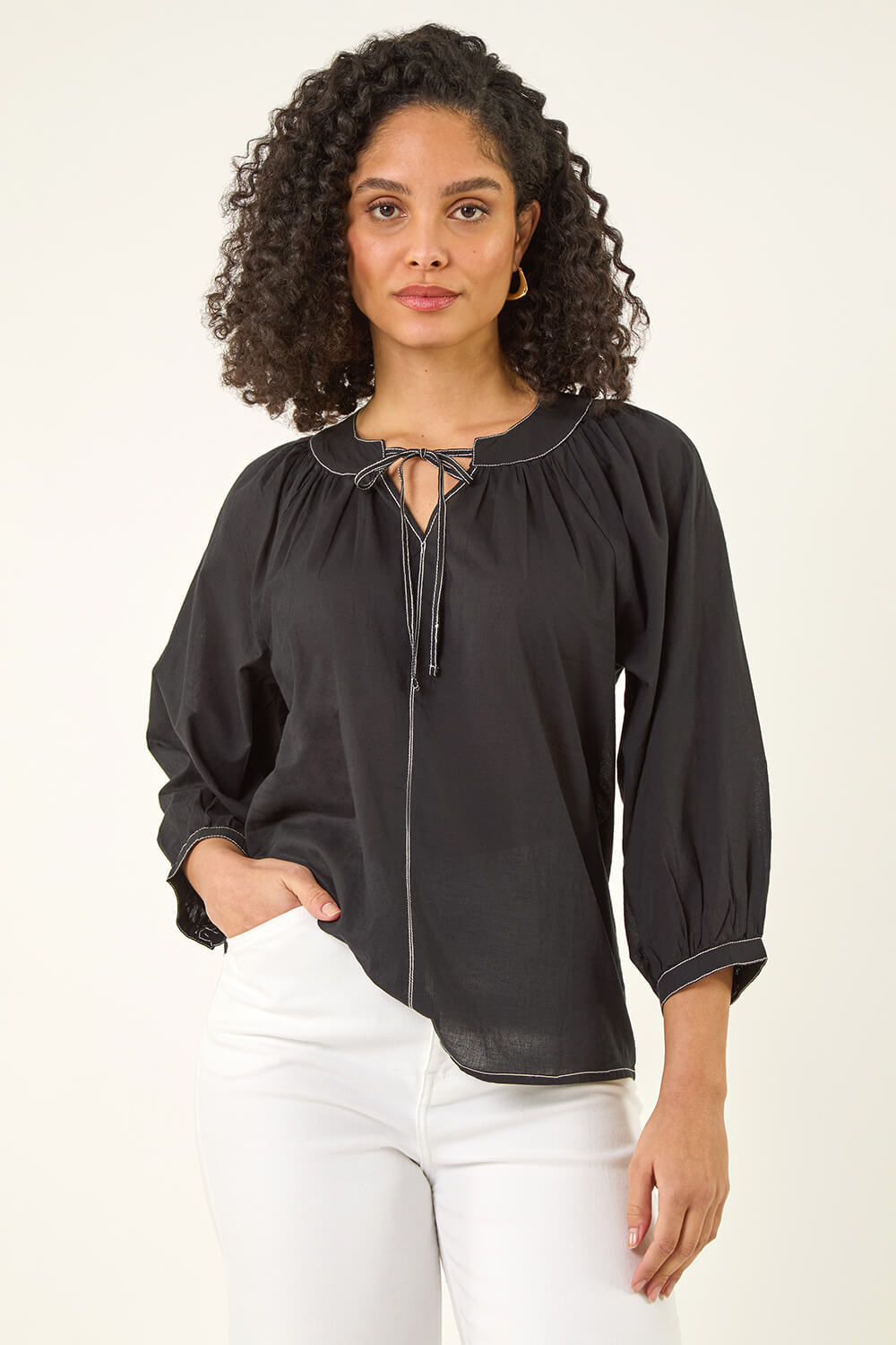 Black Stitch Detail Tie Front Top | Roman UK