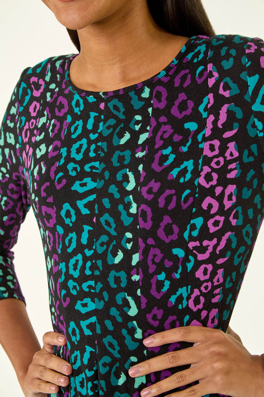 Teal Animal Print Panel Stretch Dress | Roman UK