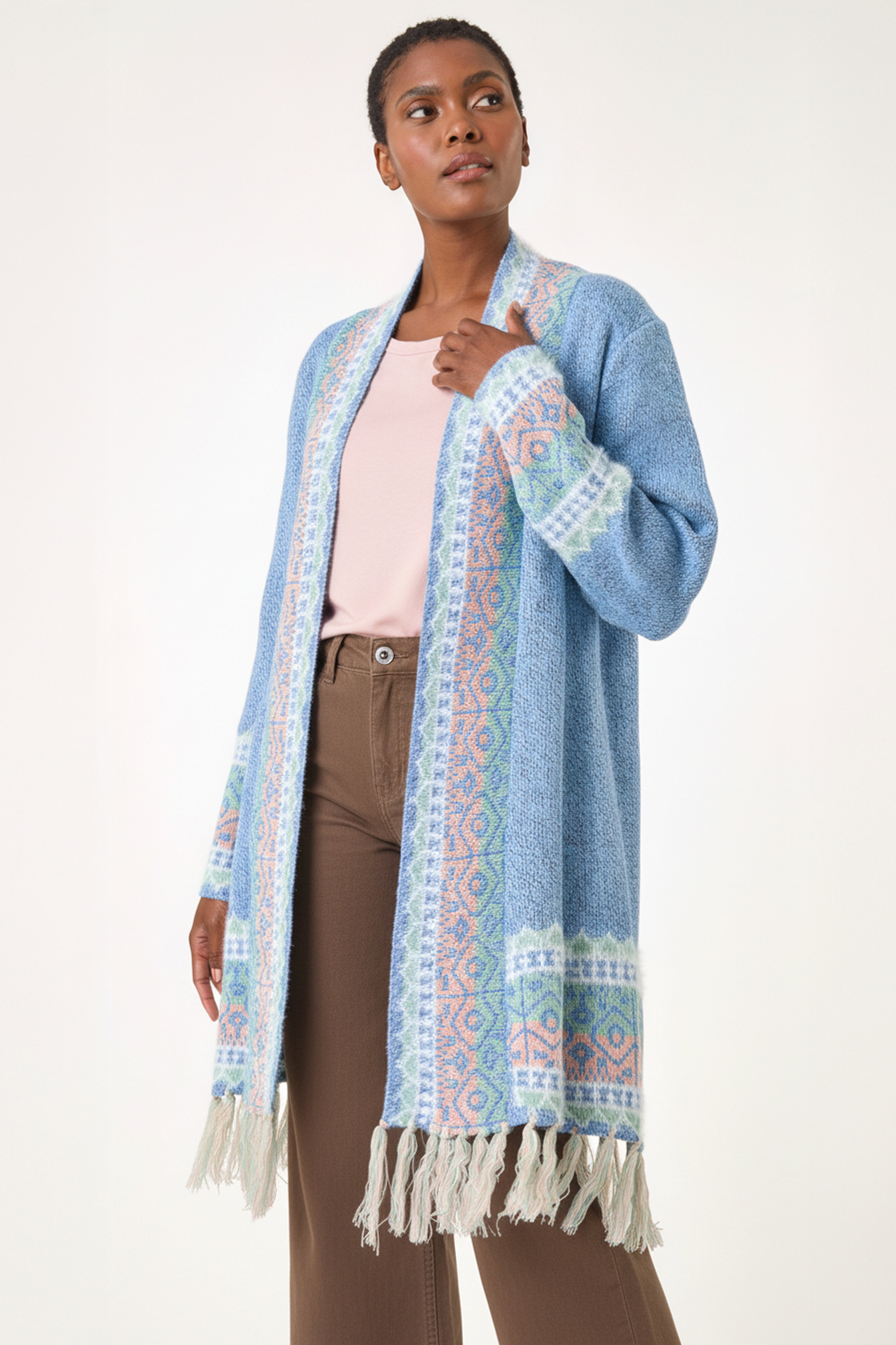 Light Blue Patterened Fringe Cardigan | Roman UK